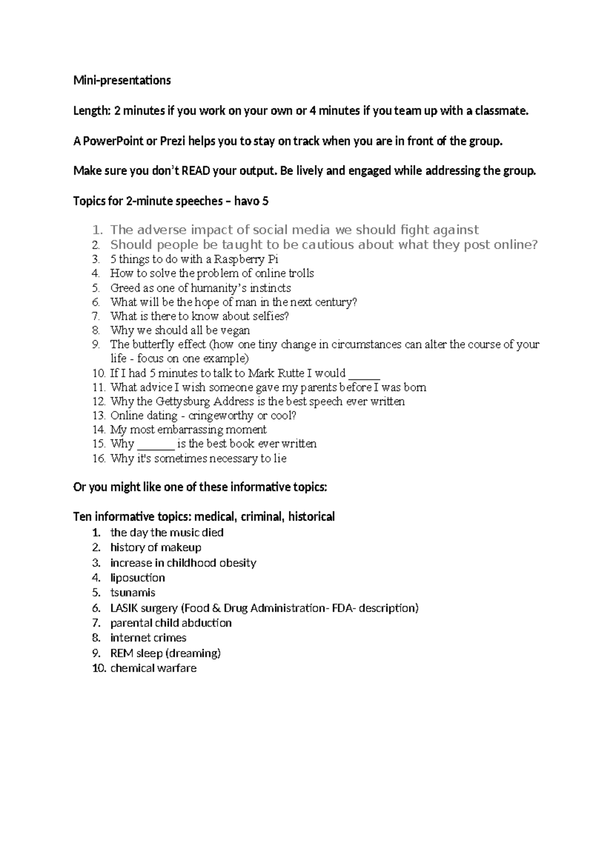 Topics mini presentations havo 5 2324 - Mini-presentations Length: 2 ...