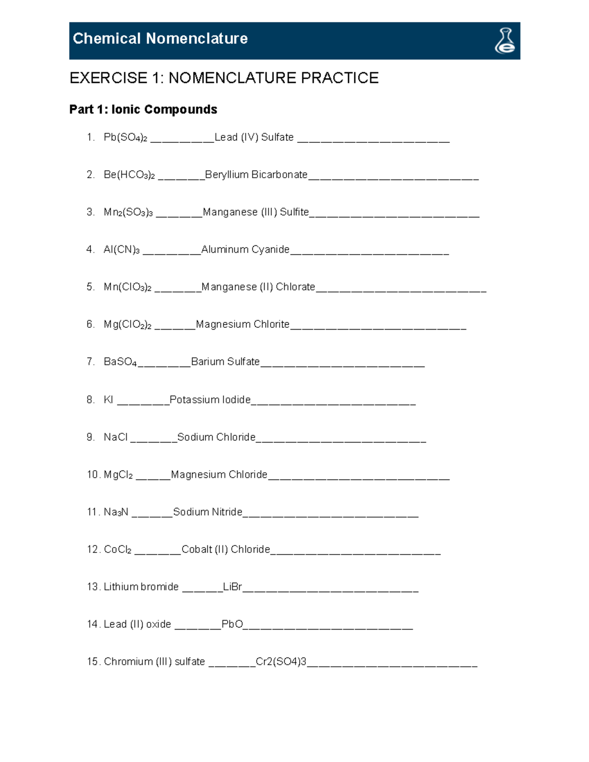 Lab 3 - Lab - Chemical Nomenclature EXERCISE 1: NOMENCLATURE PRACTICE ...