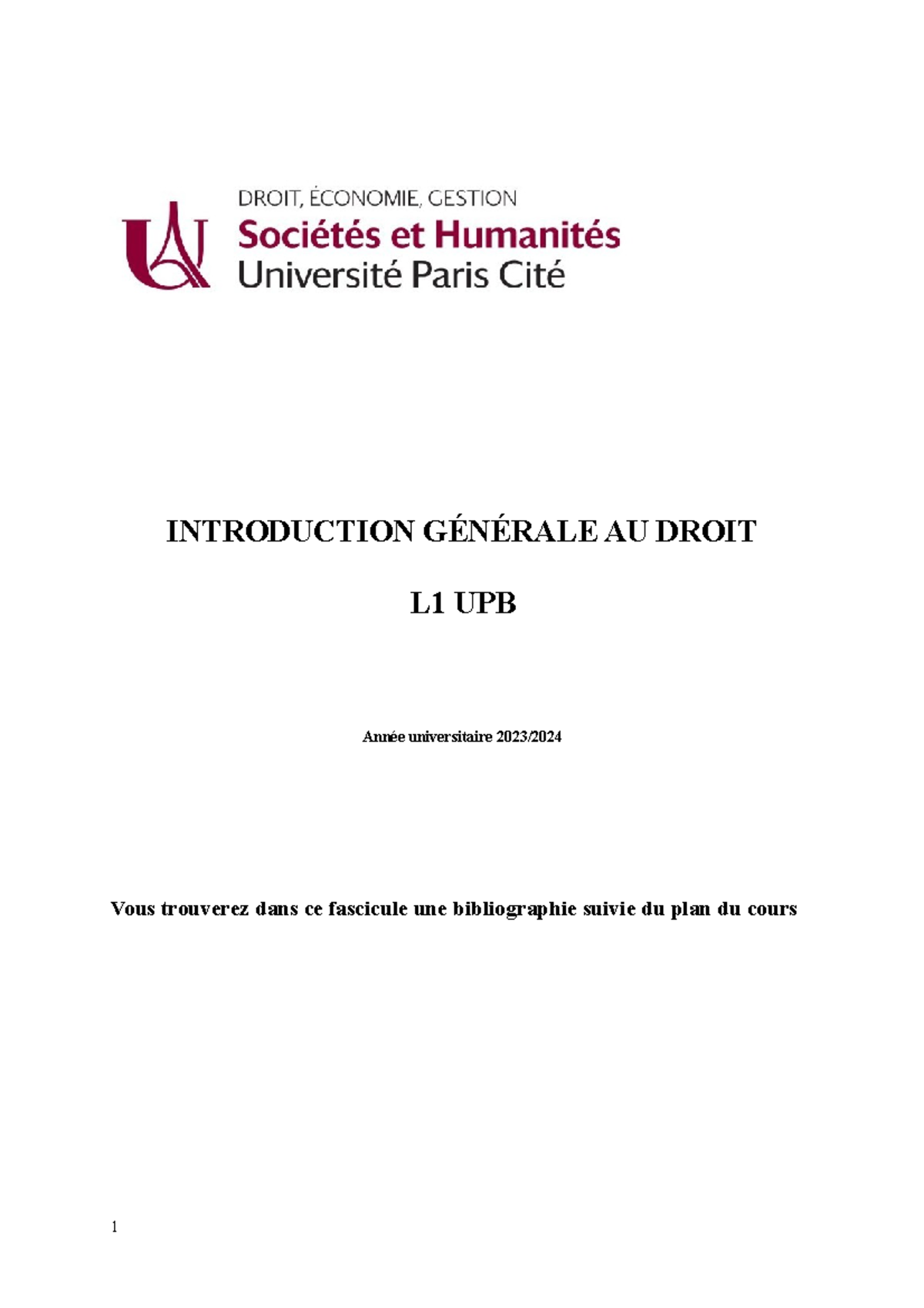 Bibliographie ET PLAN DU Cours - INTRODUCTION GÉNÉRALE AU DROIT L1 UPB Année universitaire 2023 ...