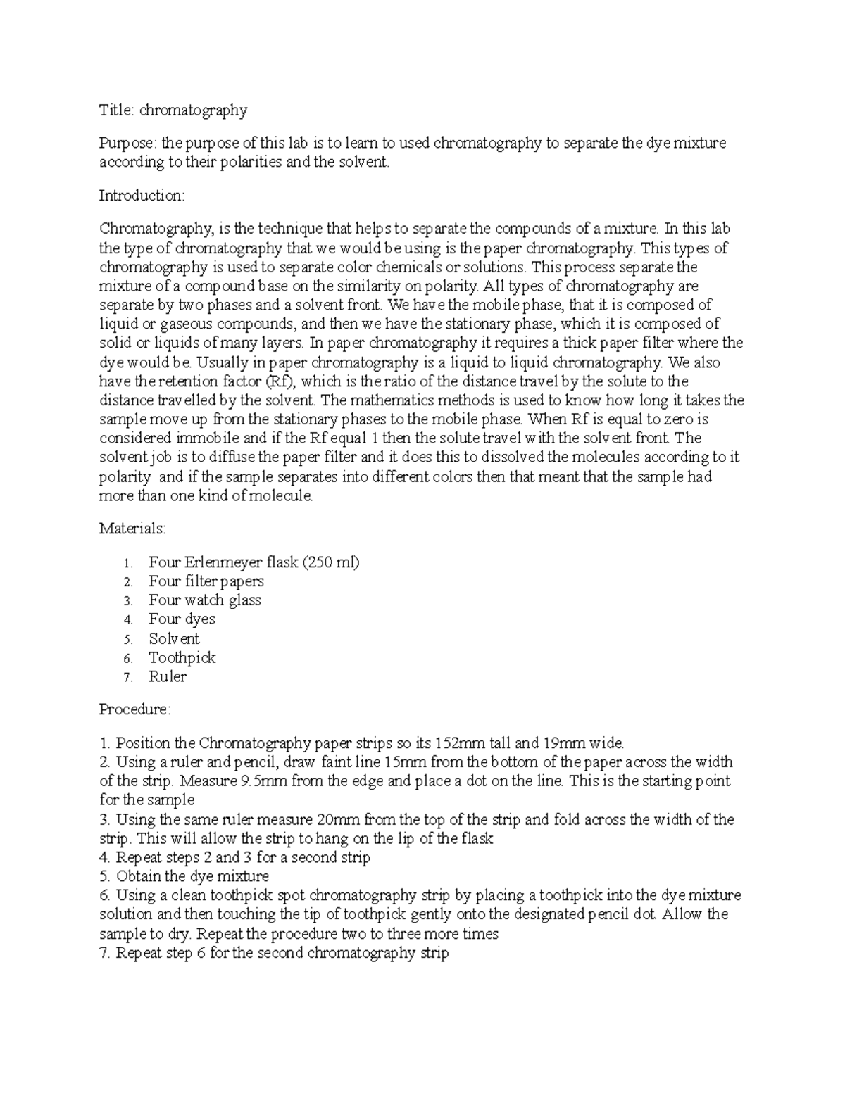 Chromatography - Notes - Title: chromatography Purpose: the purpose of ...