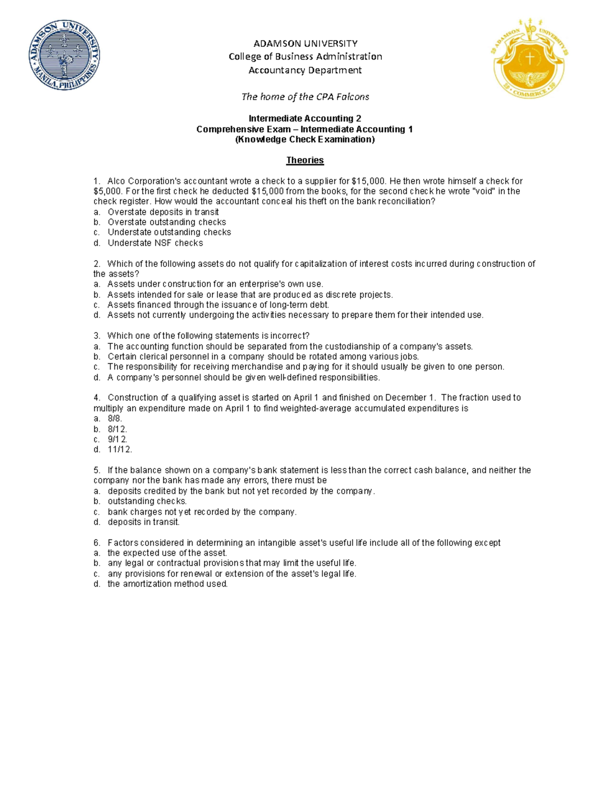 Ad U Compre Exam - Int Acc 1 - College of Business Administration ...