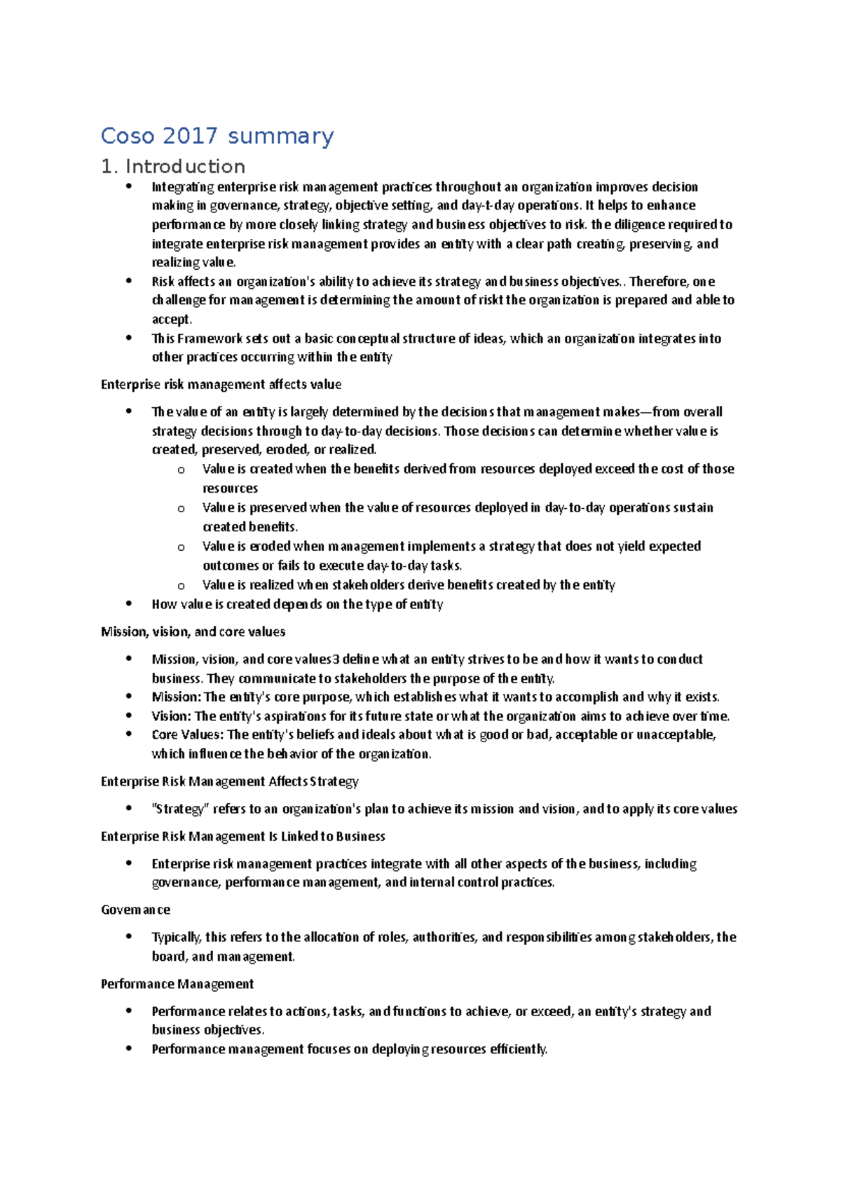 Coso 2017 framework summary - Coso 2017 summary 1. Introduction ...