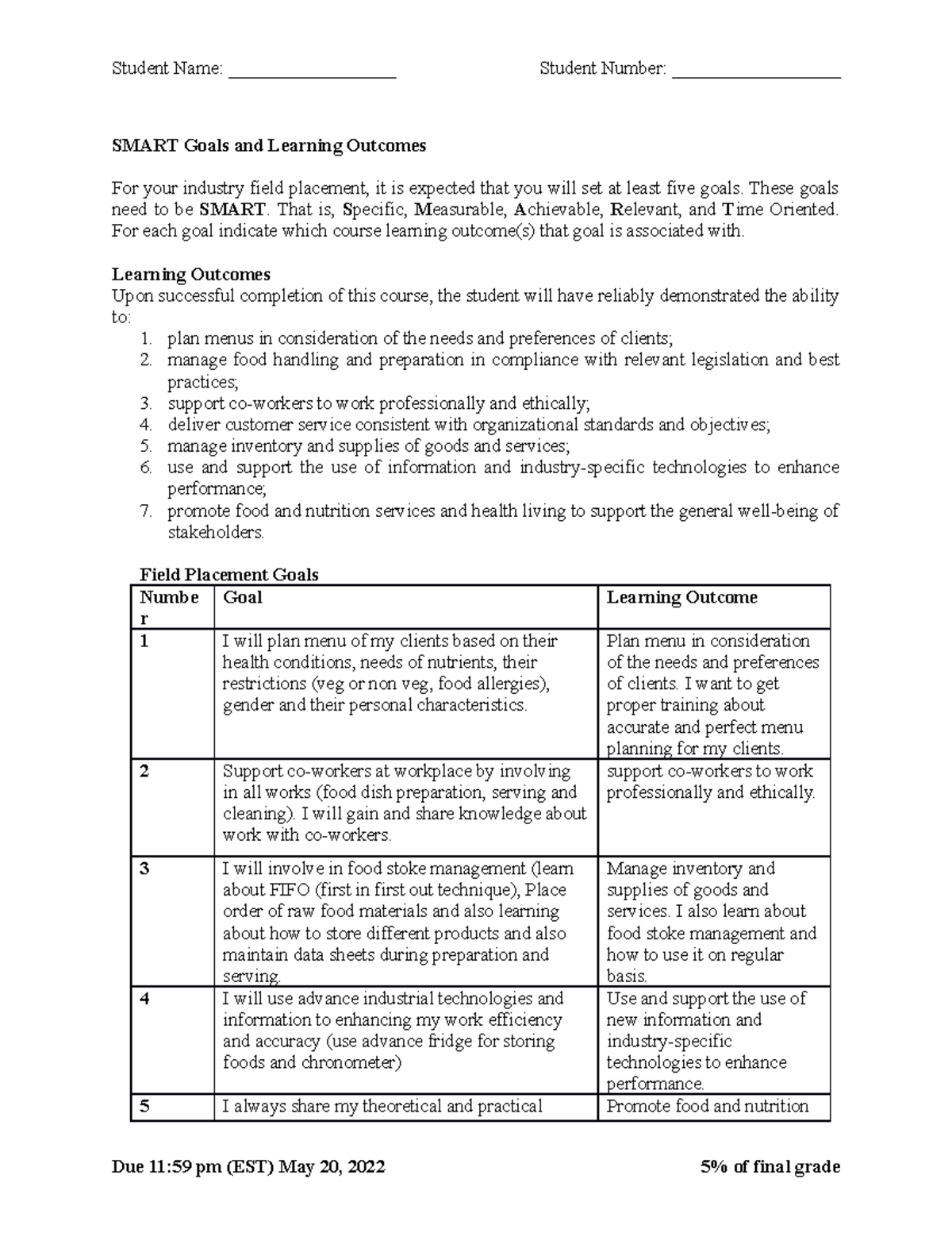 5 Goals of placement - class - Student Name: __________________ Student ...