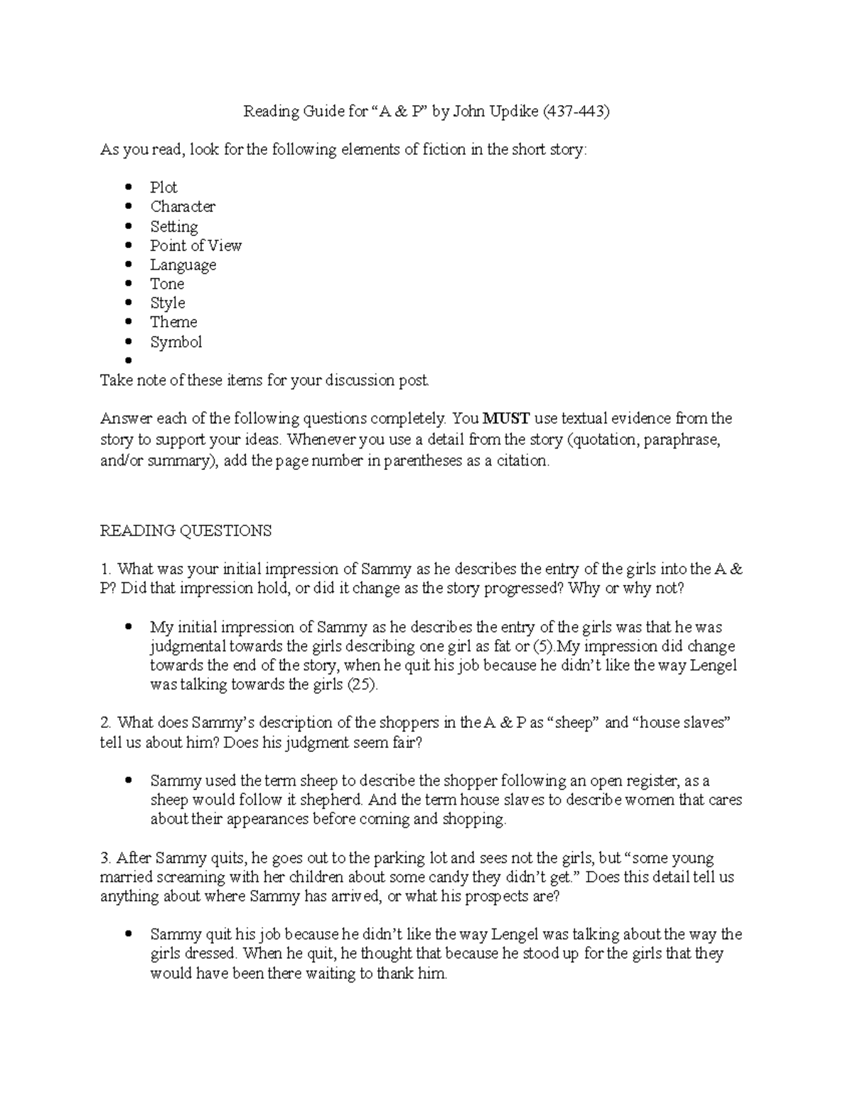 Reading Guide for A and P by John Updike - Reading Guide for “A & P” by ...