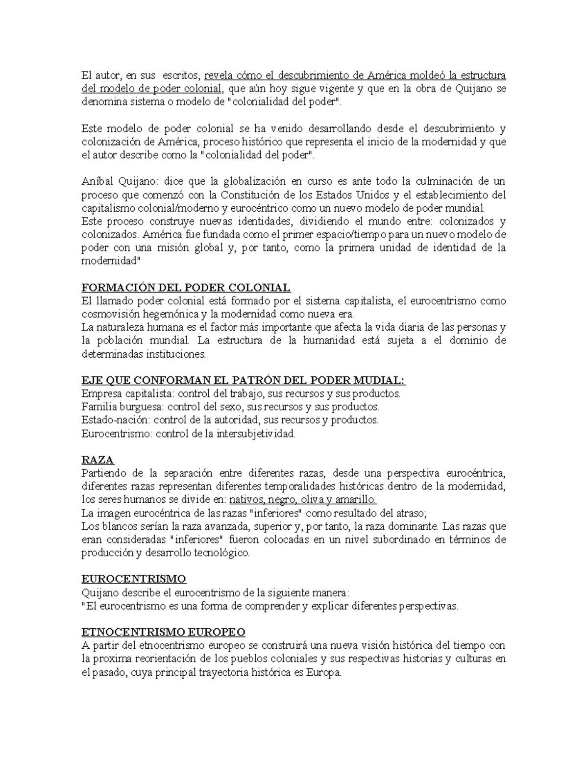 La colonialidad del poder- Anibal Quijano - El autor, en sus escritos ...