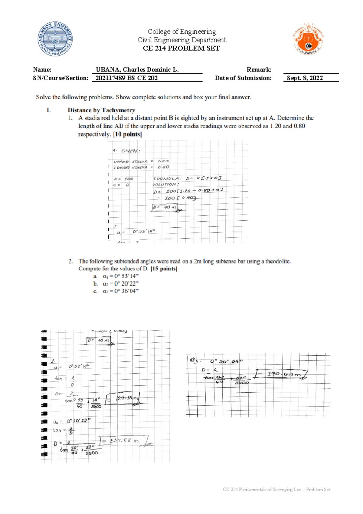 Ubana CE214 PS1 - Problem Set 1 - Civil Engineering Department CE 214 PROBLEM SET Name: UBANA ...