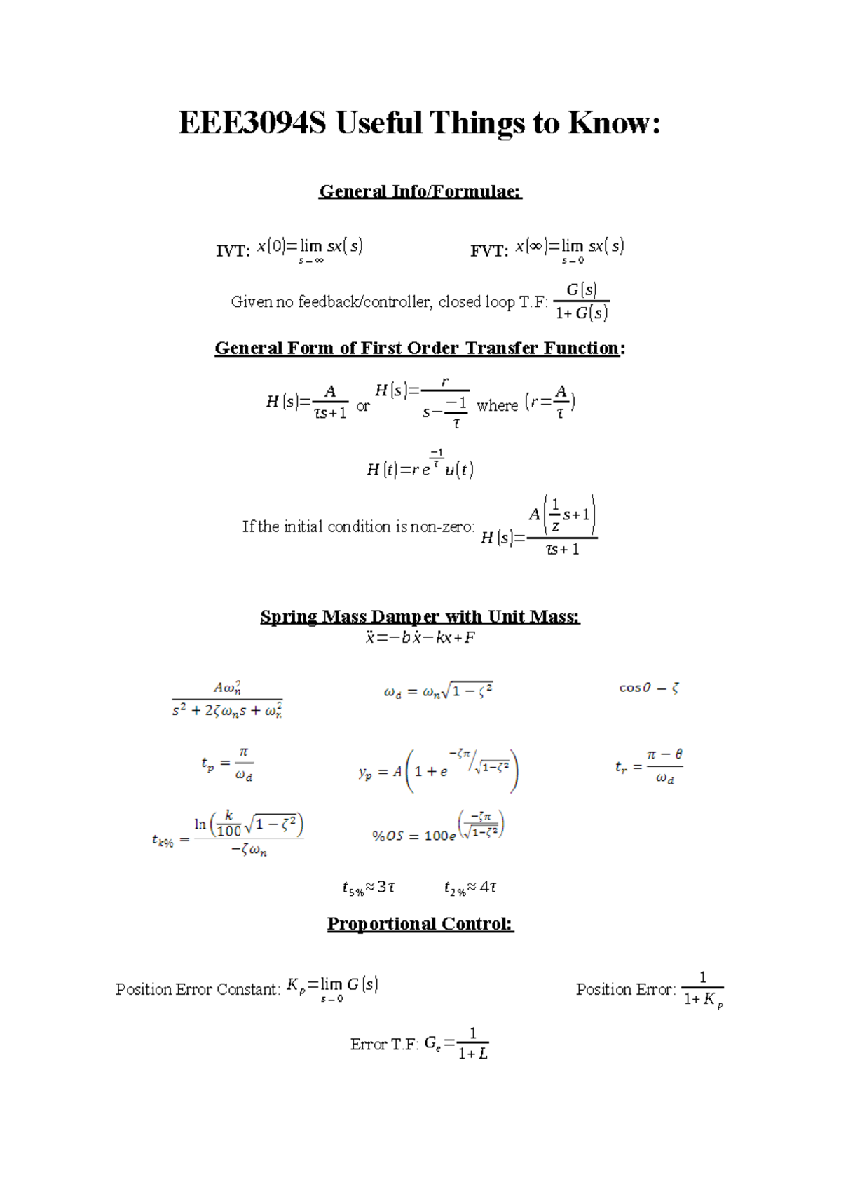 Useful Things to Know - Summary Control Systems I - EEE3094S Useful ...