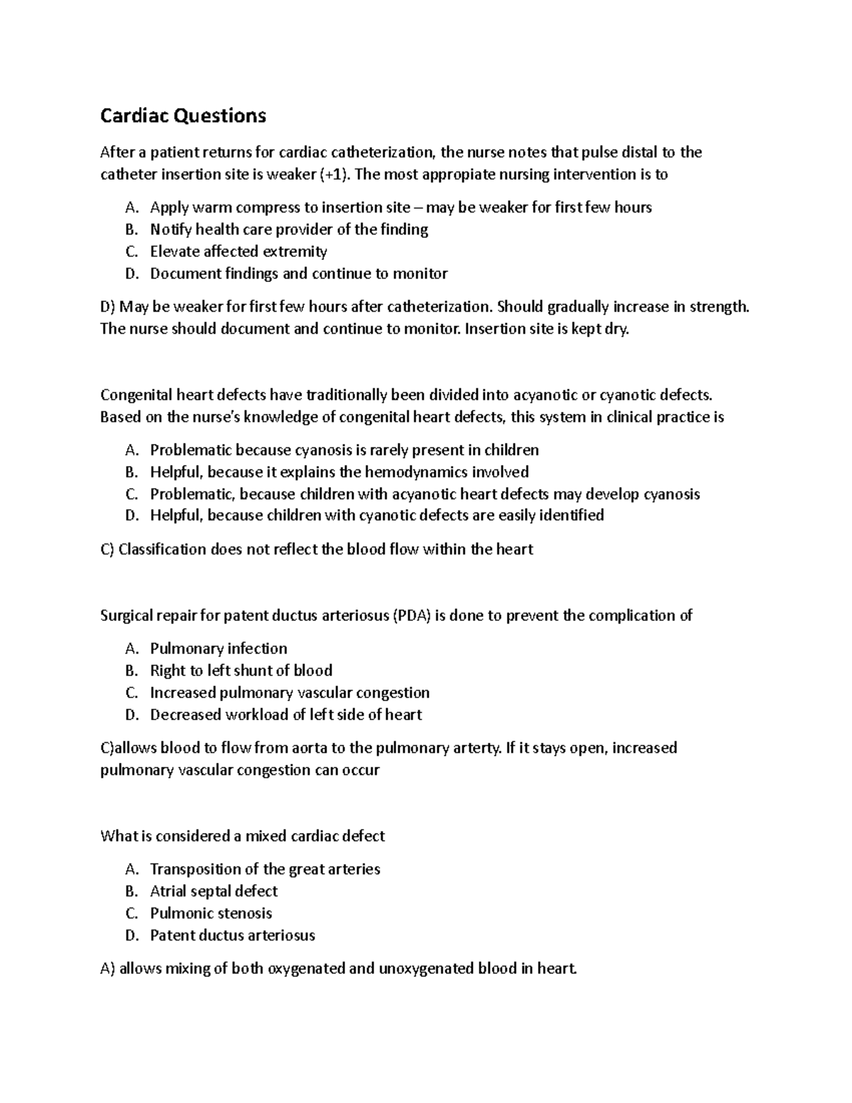 Cardiac and Hematology Practice Questions - Cardiac Questions After a ...