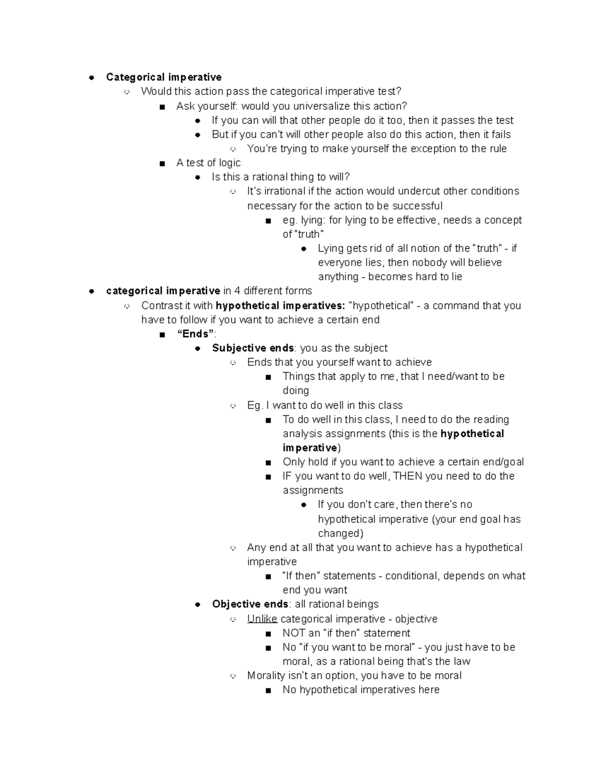 8 31 Lecture Kant ethics cont d - Categorical imperative Would this ...