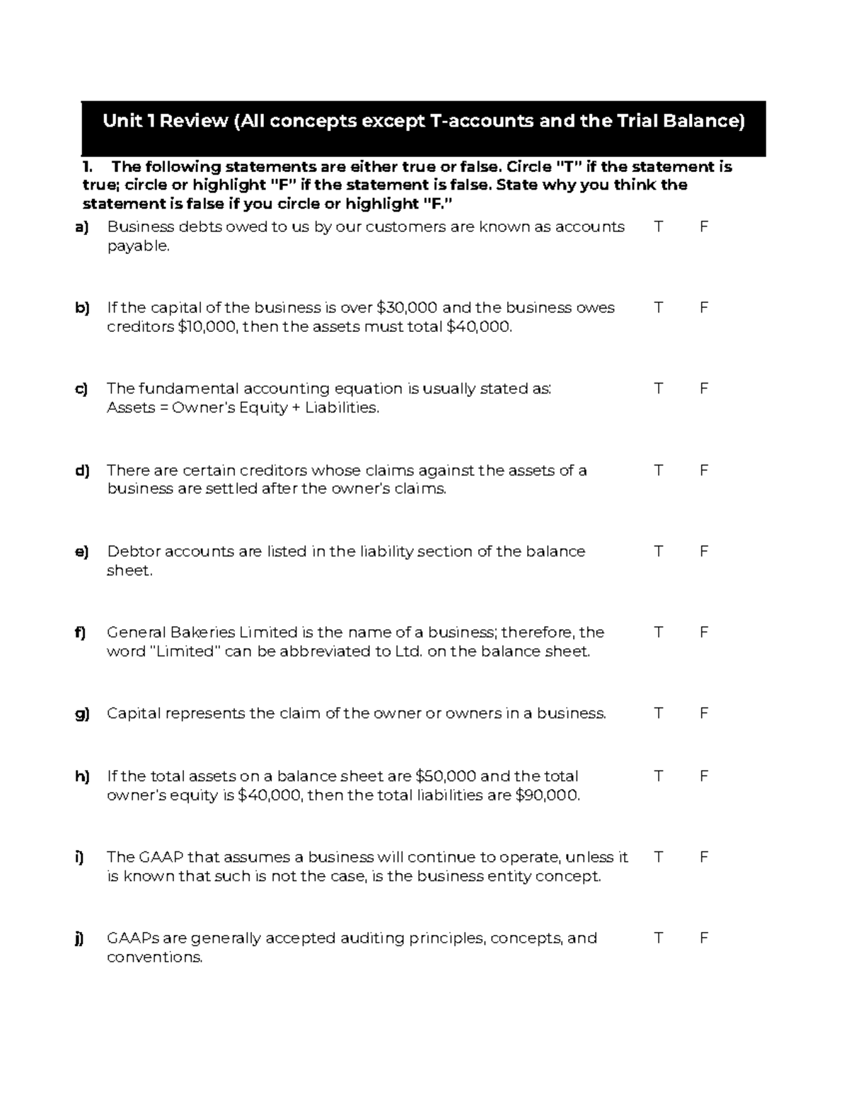Unit 1 Review - Accounting - Unit 1 Review (All concepts except T ...