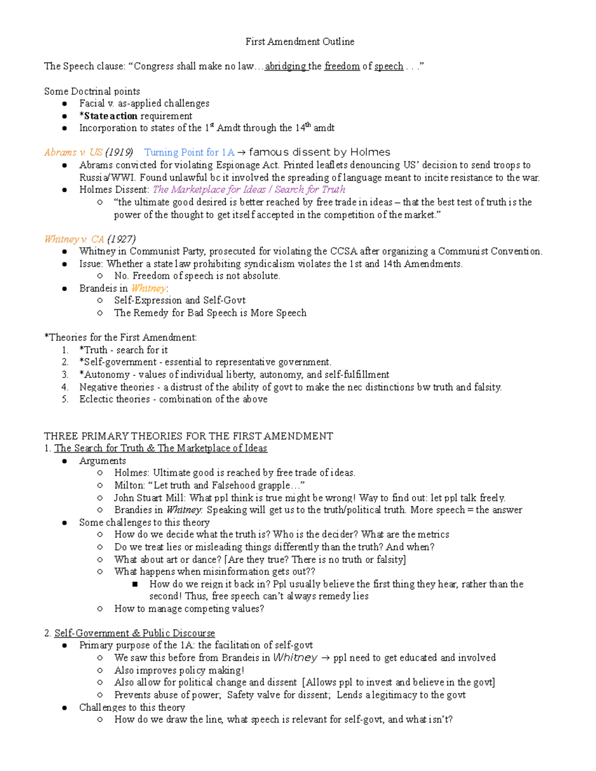 First Amendment Rothman Fall 2020 - First Amendment Outline The Speech ...