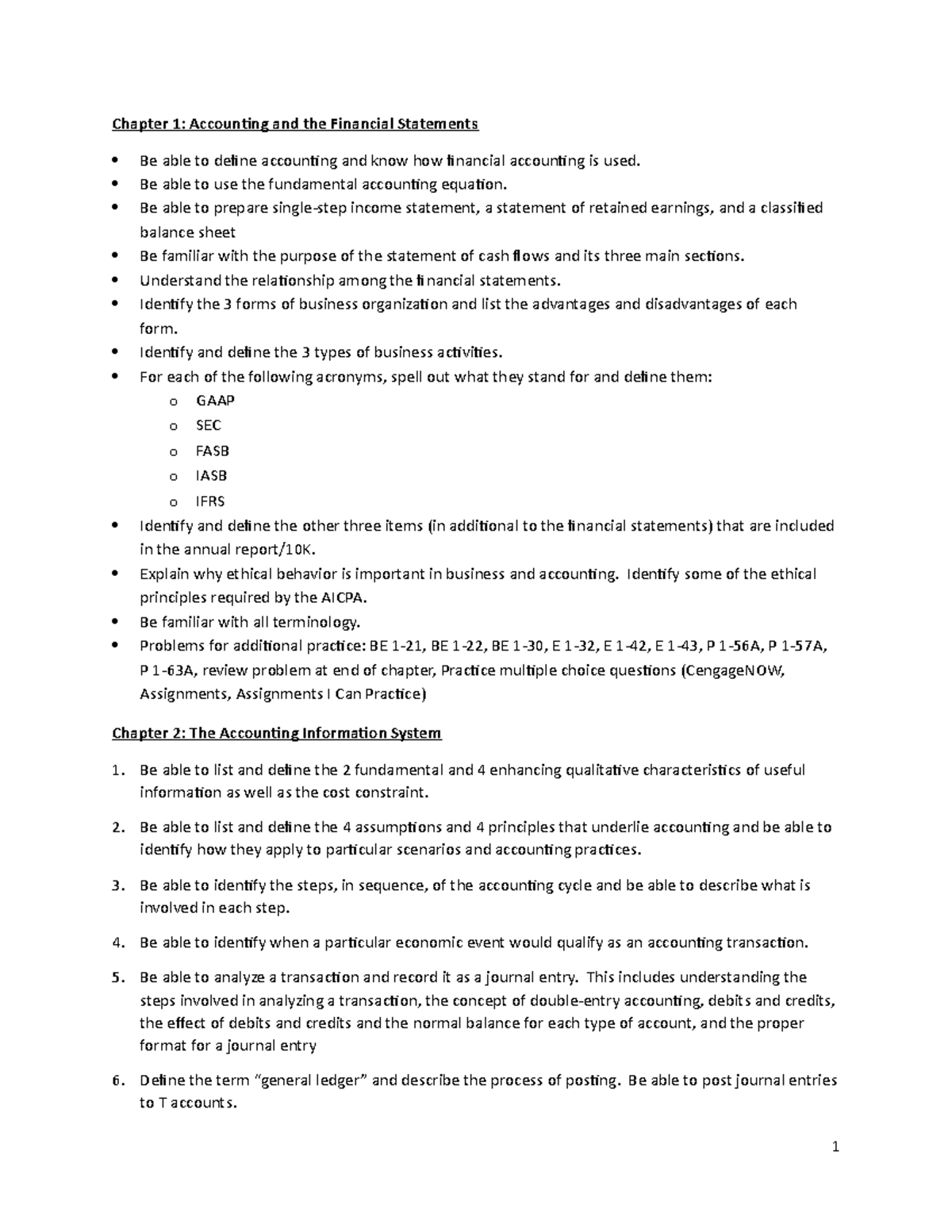 Exam 1 Ch 1-3 Review Sheet - Chapter 1: Accounting and the Financial ...