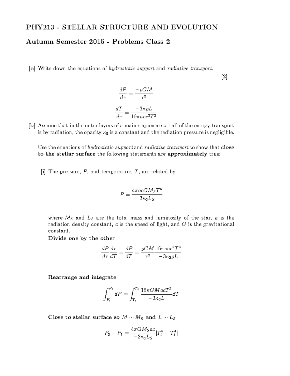 Problem Class 3 ANS - Practice Questions - PHY213 - STELLAR STRUCTURE AND EVOLUTION Autumn ...
