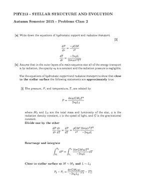 Problem Class 2 - Practice Questions - PHY213 - Stellar Structure and Evolution Problems Class 2 ...