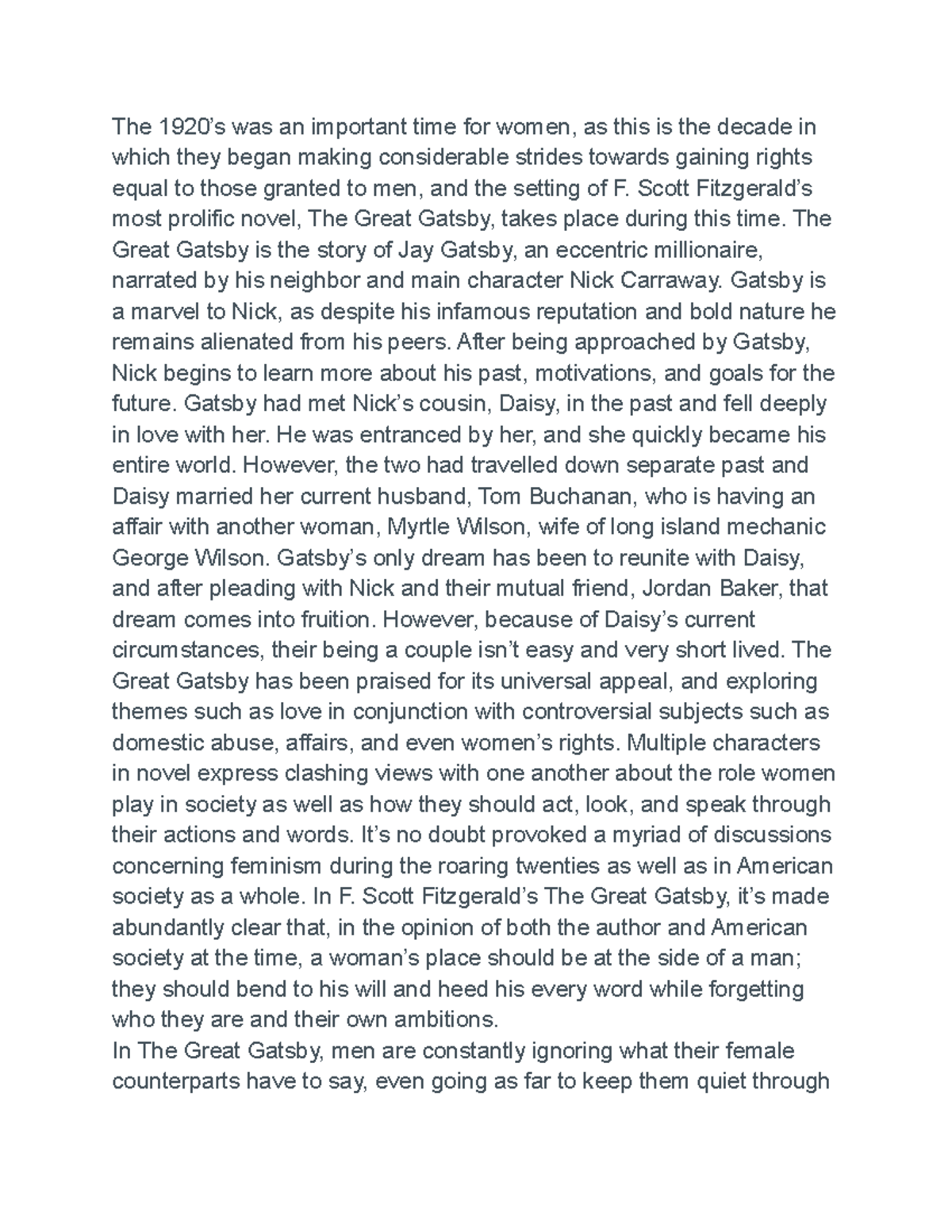 Gatsby gender - The 1920’s was an important time for women, as this is ...