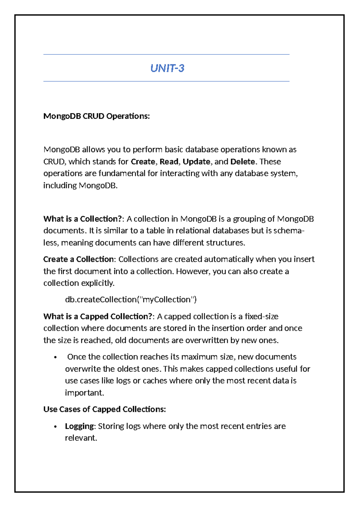 DOD UNIT3 - Document oriented database - UNIT- MongoDB CRUD Operations: MongoDB allows you to ...