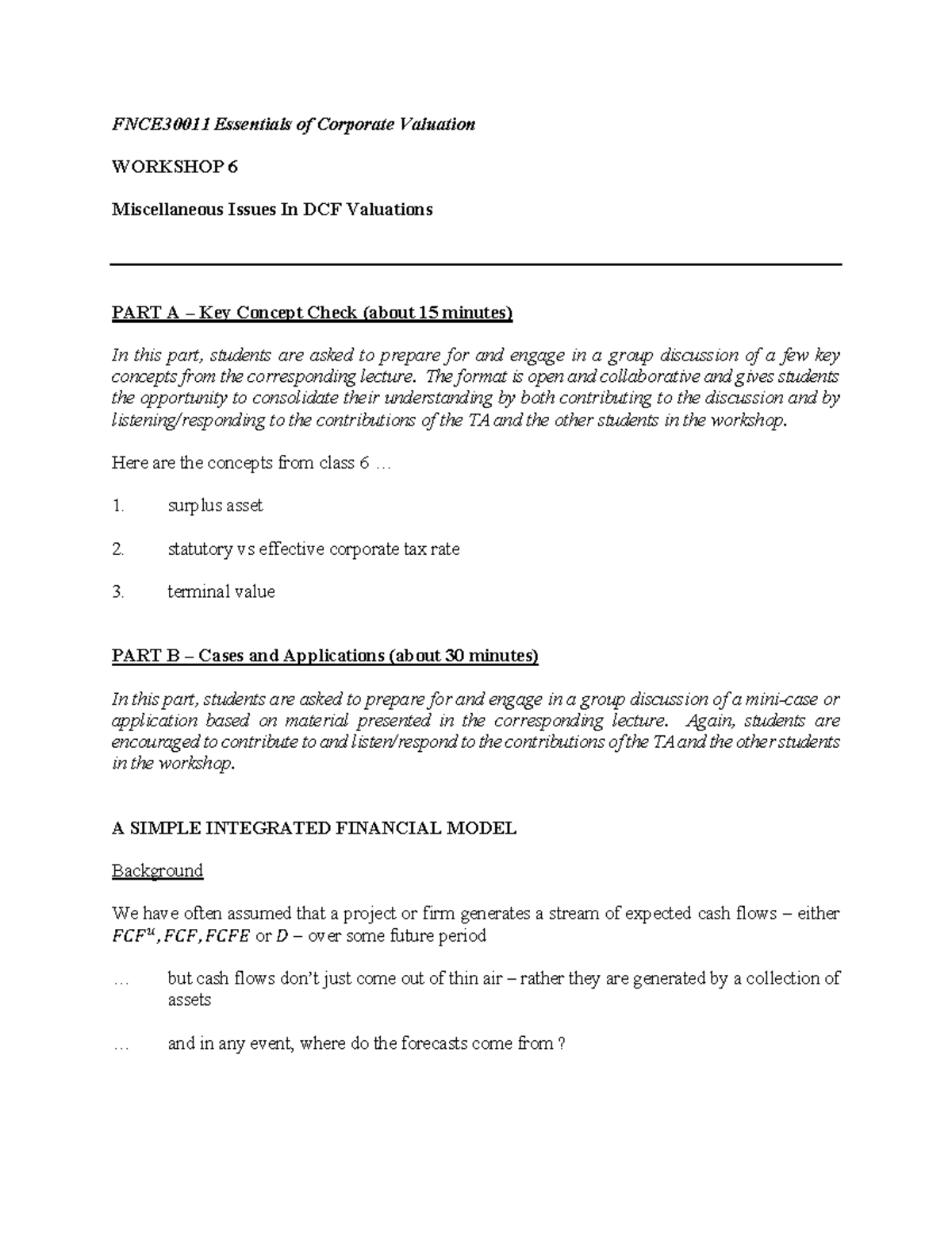 6 30011 Miscellaneous Issues Workshop 24 - FNCE30011 Essentials of ...