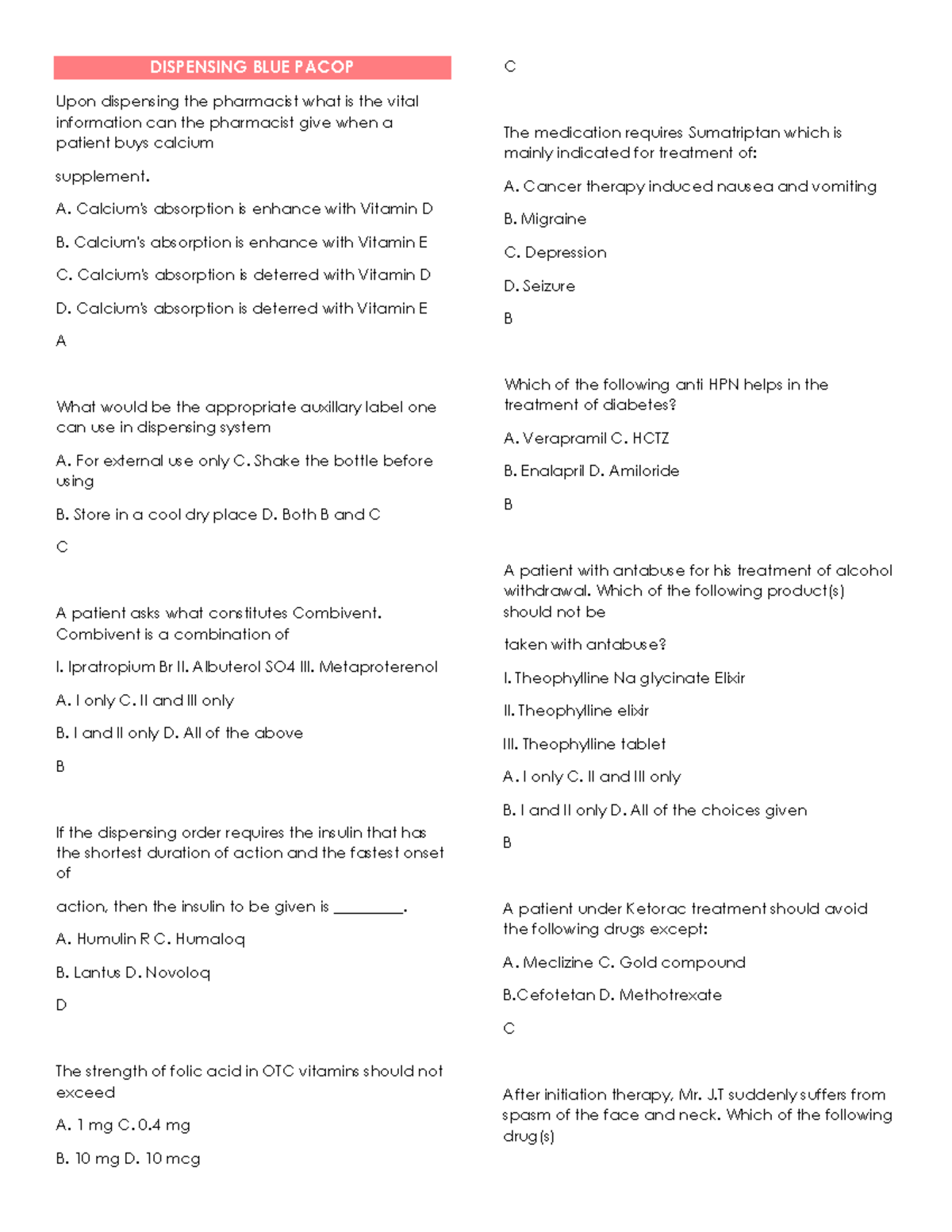 Dispensing in Pharmacy PACOP Reviewers - DISPENSING BLUE PACOP Upon ...