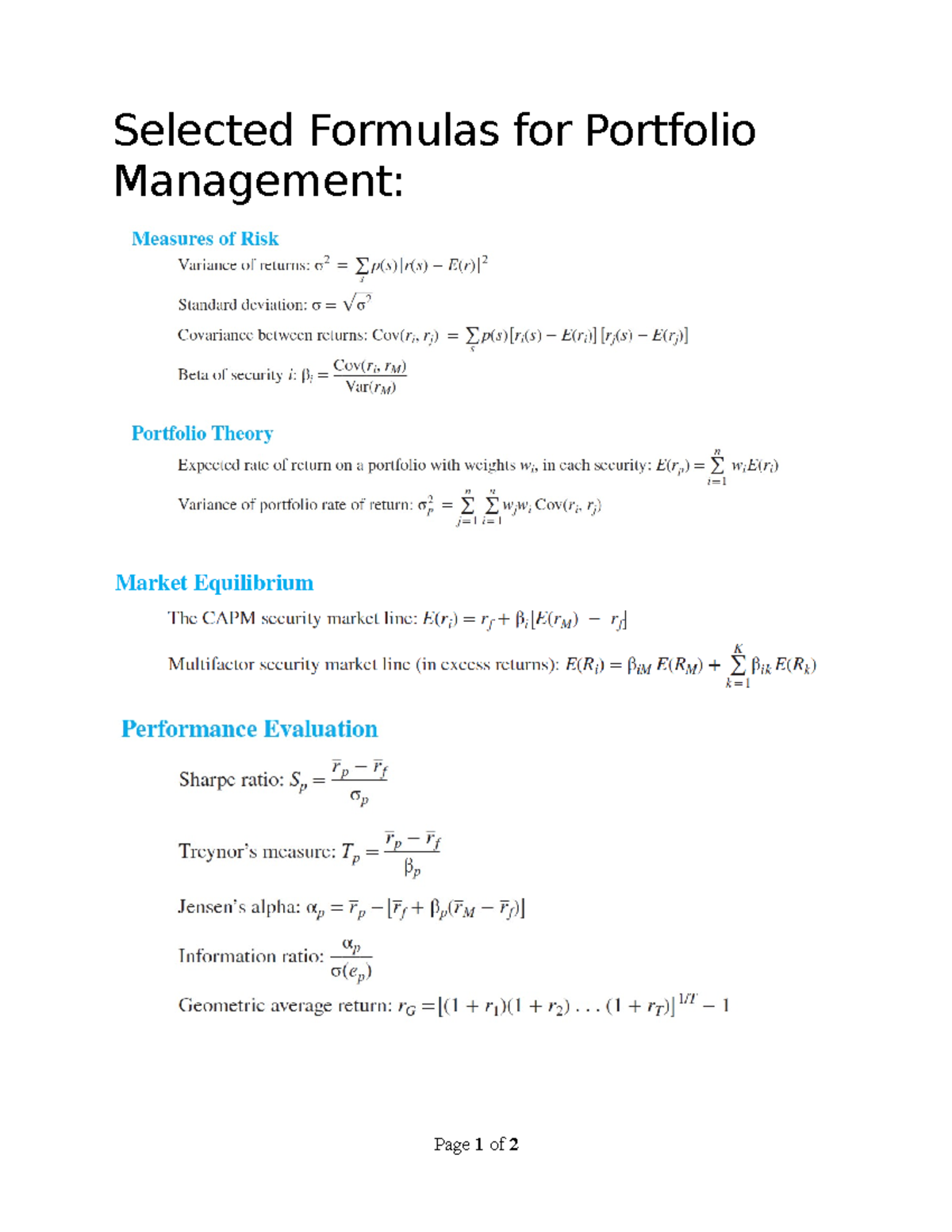 Formulas for Portfolio Management - Selected Formulas for Portfolio ...