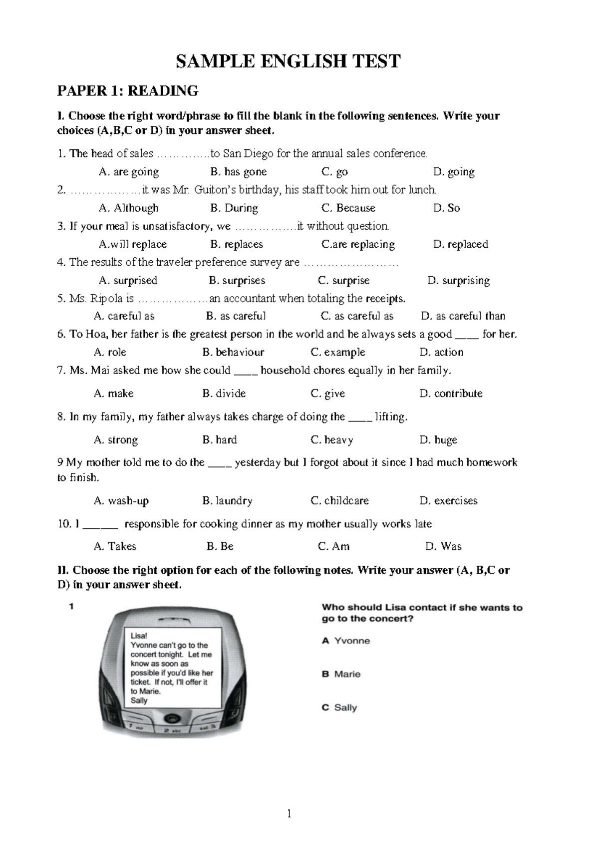 Sample English TEST - SAMPLE ENGLISH TEST PAPER 1: READING I. Choose ...
