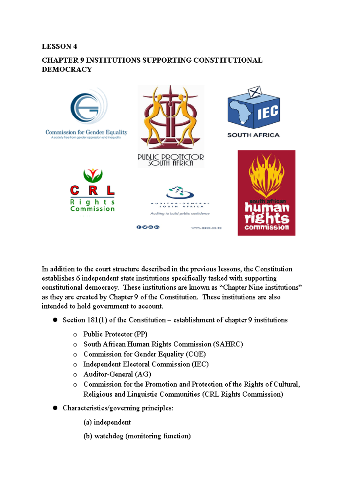 Lesson 4 - Chapter 9 Institutions Public Protector detailed slides in word - LESSON 4 CHAPTER 9 ...