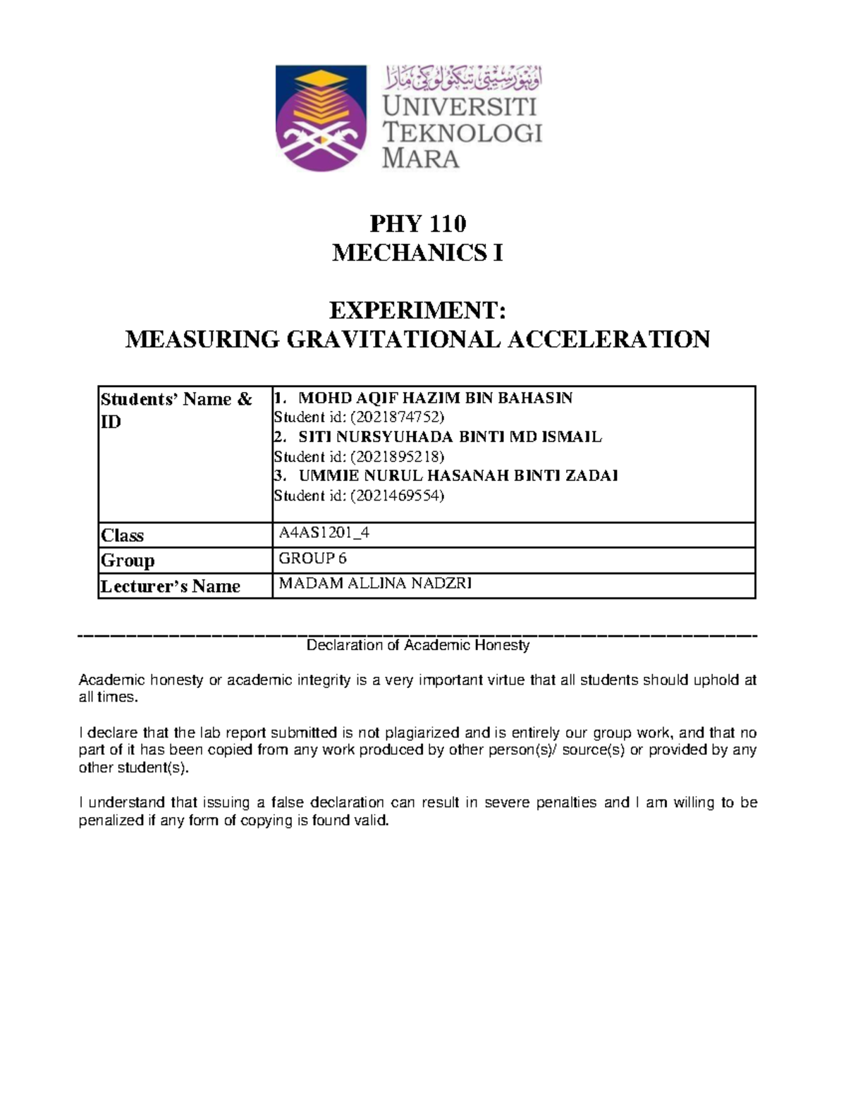 PHY 110 LAB Report Experiment 1 - PHY 110 MECHANICS I EXPERIMENT ...