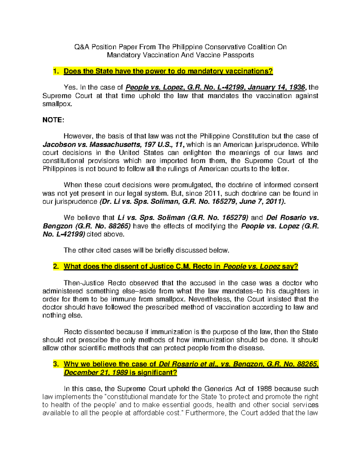 Q and A re position on mandatory vaccinations-for public - Q&A Position ...