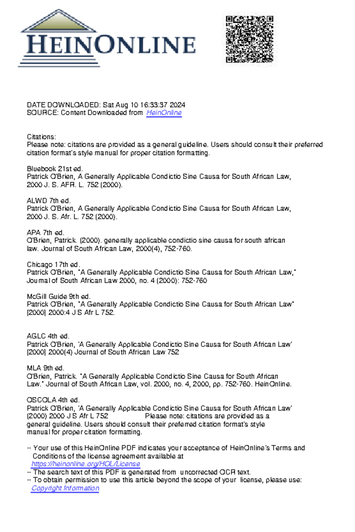 O’Brien “A generally applicable condictio sine causa for South African ...