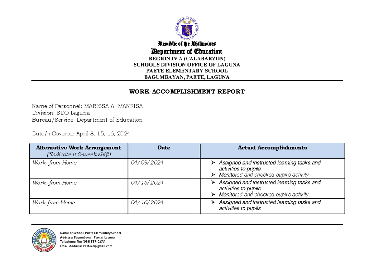 Accomplishment Report - Department of Education REGION IV A (CALABARZON ...
