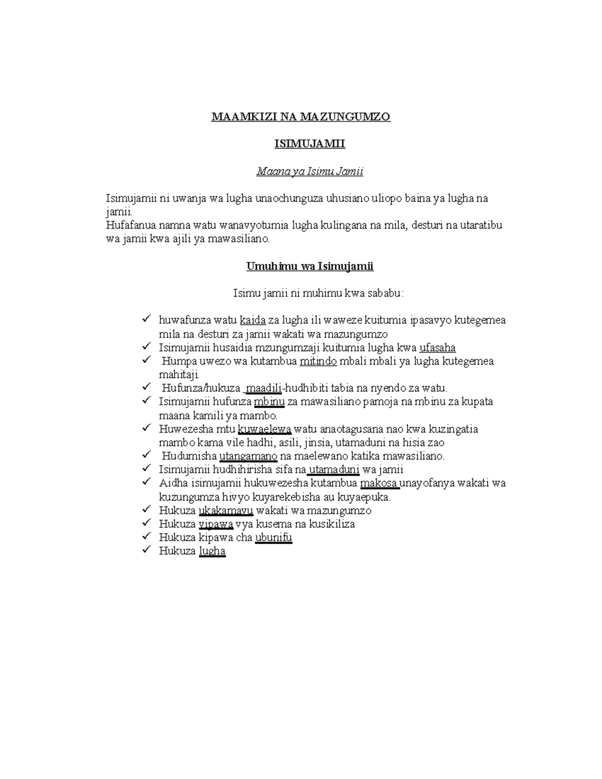 Isimu Jamii 1 - Faith mwende document - MAAMKIZI NA MAZUNGUMZO ...