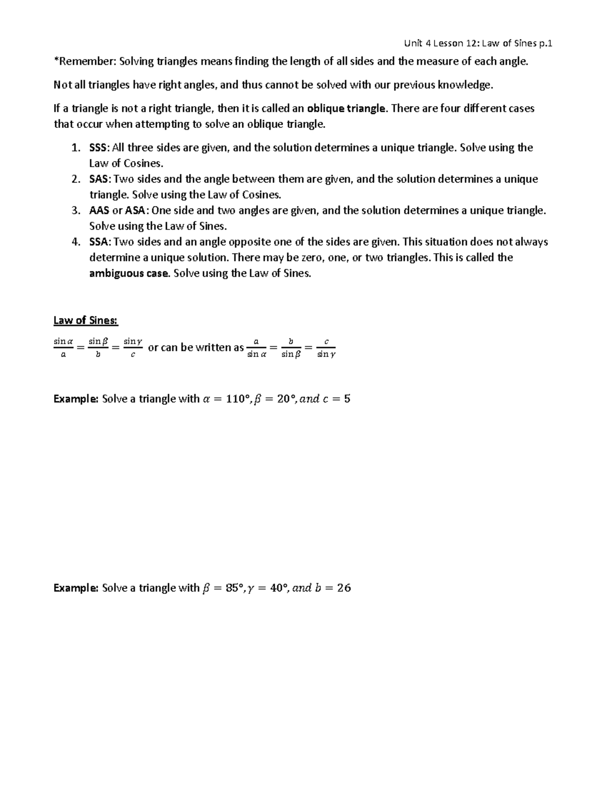 PreCal Trig 1720 Unit 4.12 Law of Sines - Unit 4 Lesson 12: Law of ...