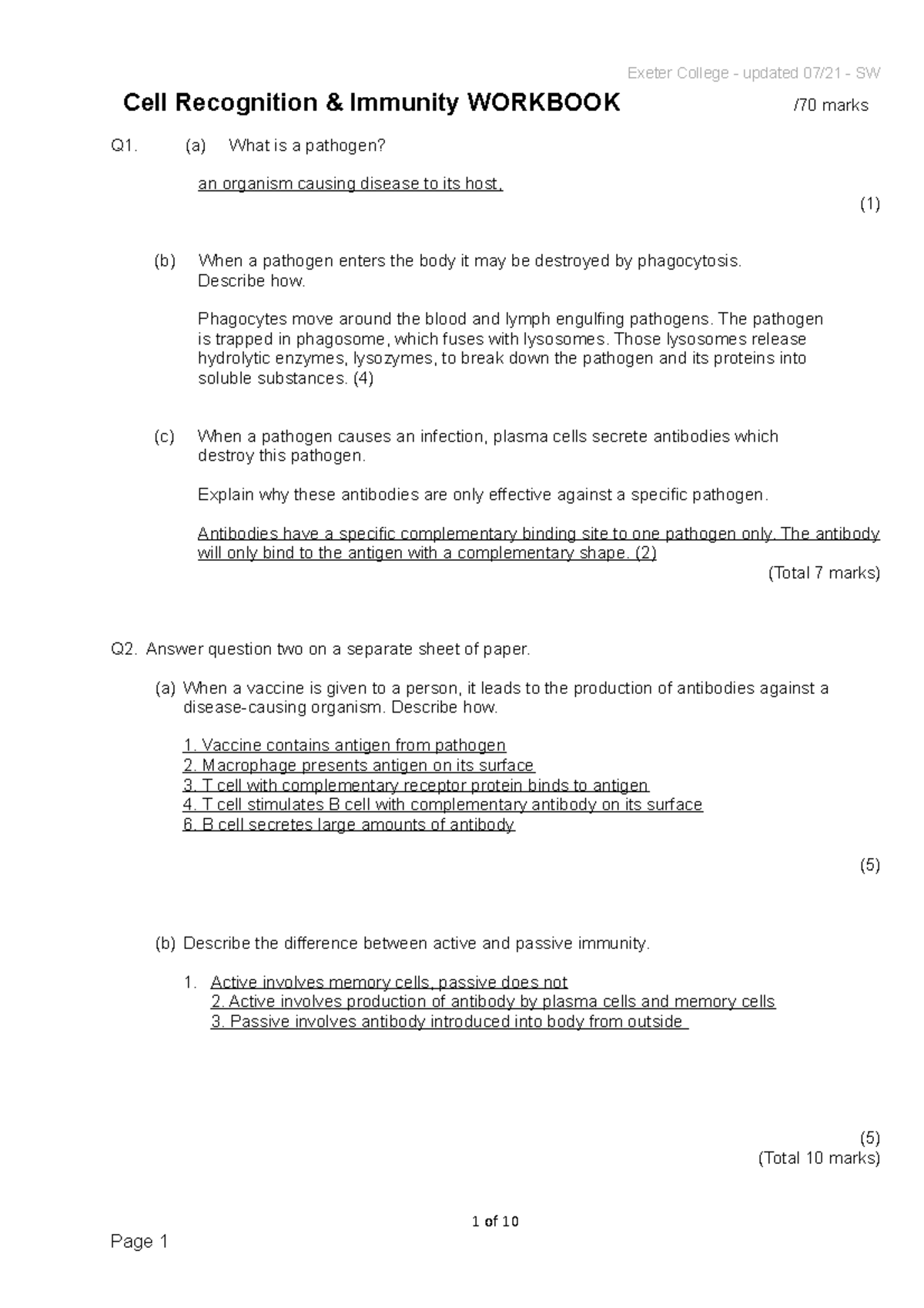 Immunity workbook - exam question and answers - Cell Recognition ...