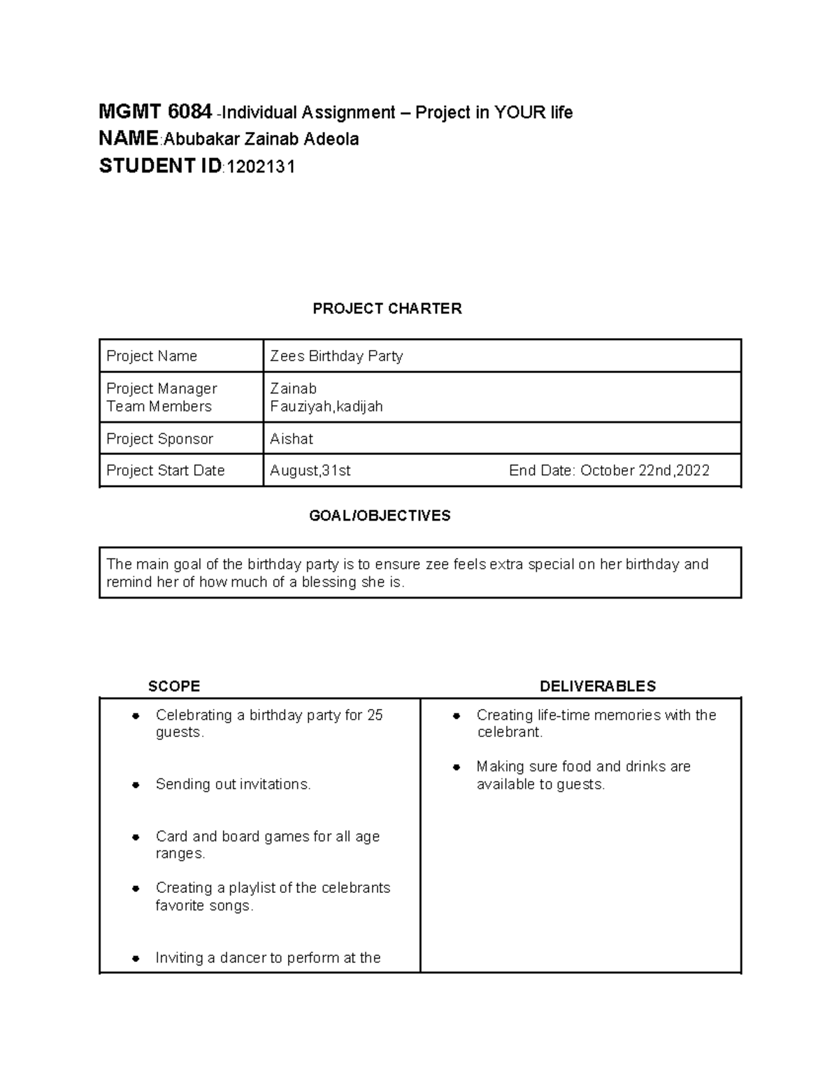MGMT 6084 -Individual Assignment – Project in YOUR life - MGMT 6084 ...