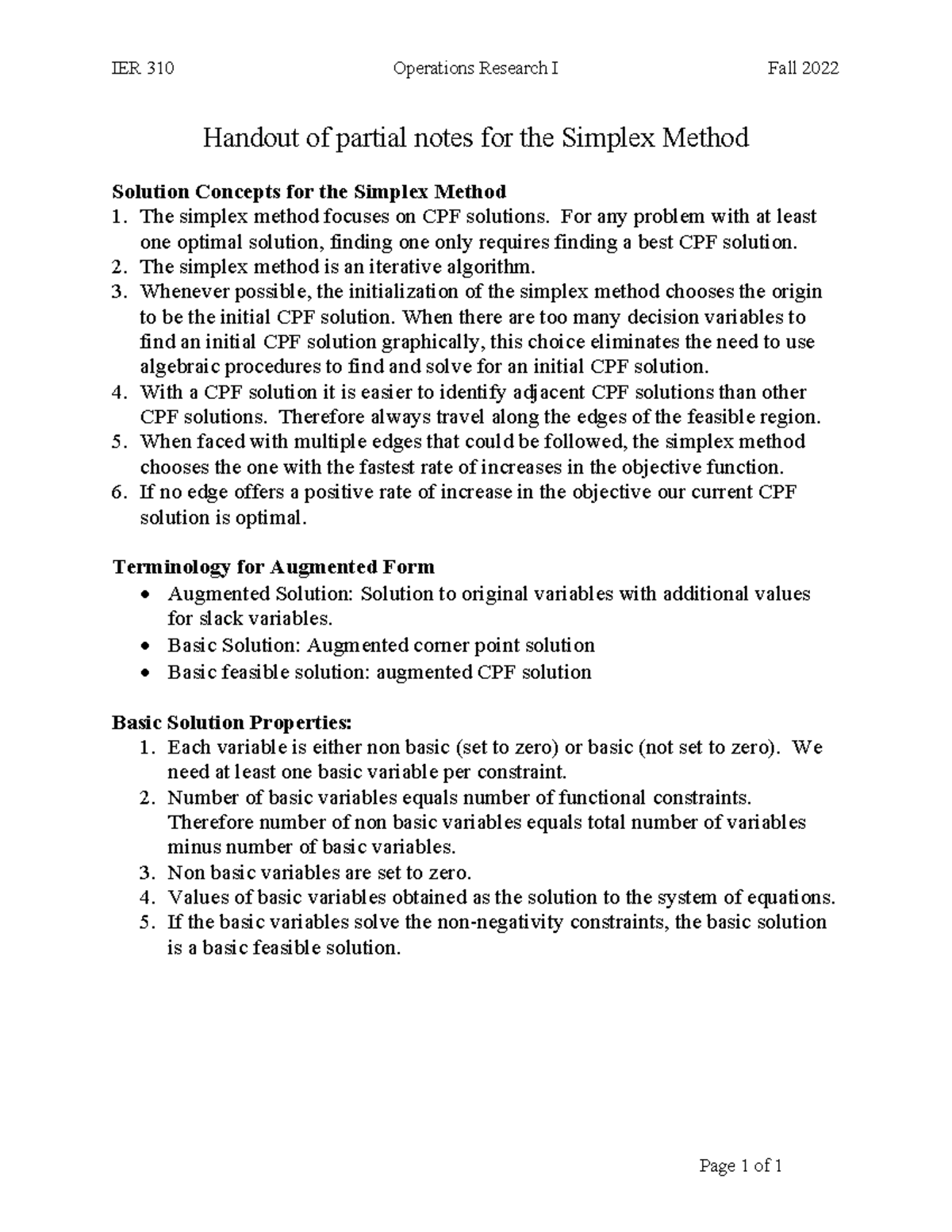 Handout of partial notes for the Simplex Method - IER 310 Operations ...