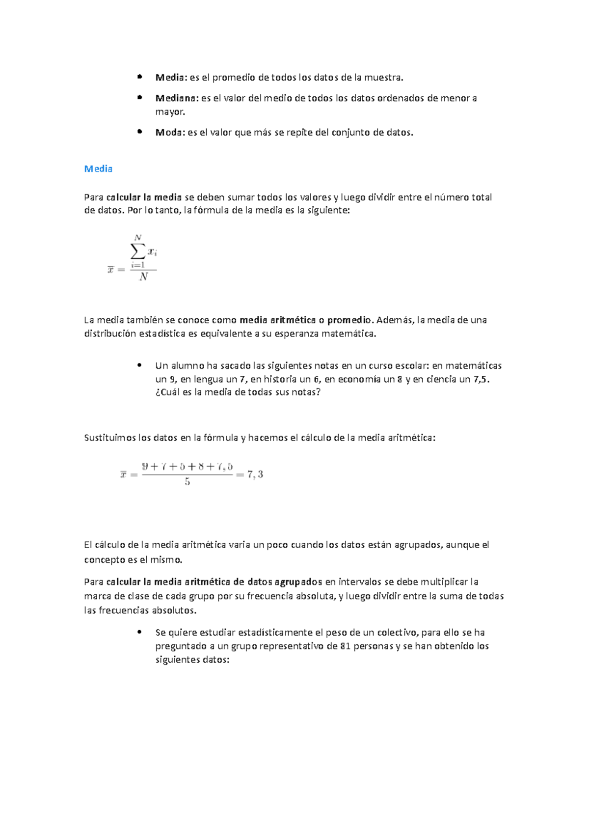 Media - Mediana y Moda - Media: es el promedio de todos los datos de la ...