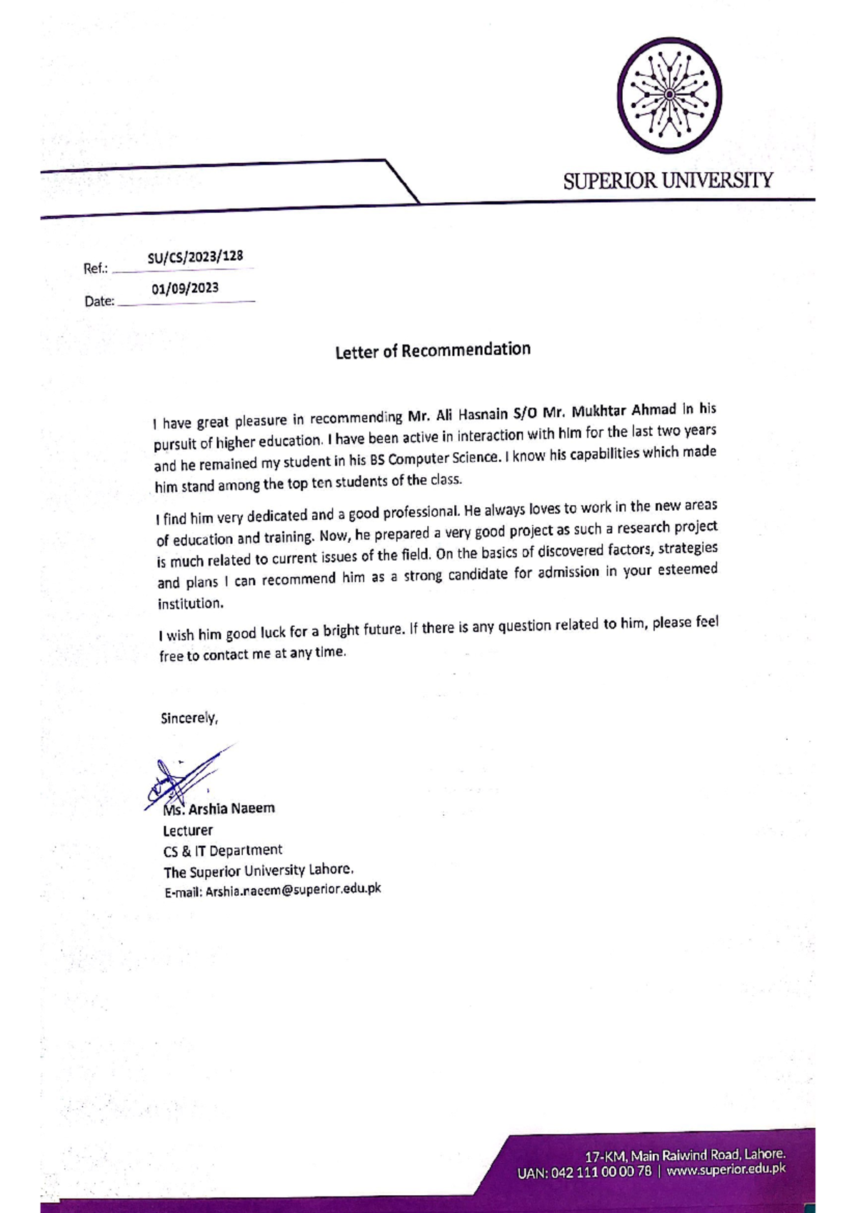 Recommendation letter 1 - bs software engineering - Studocu