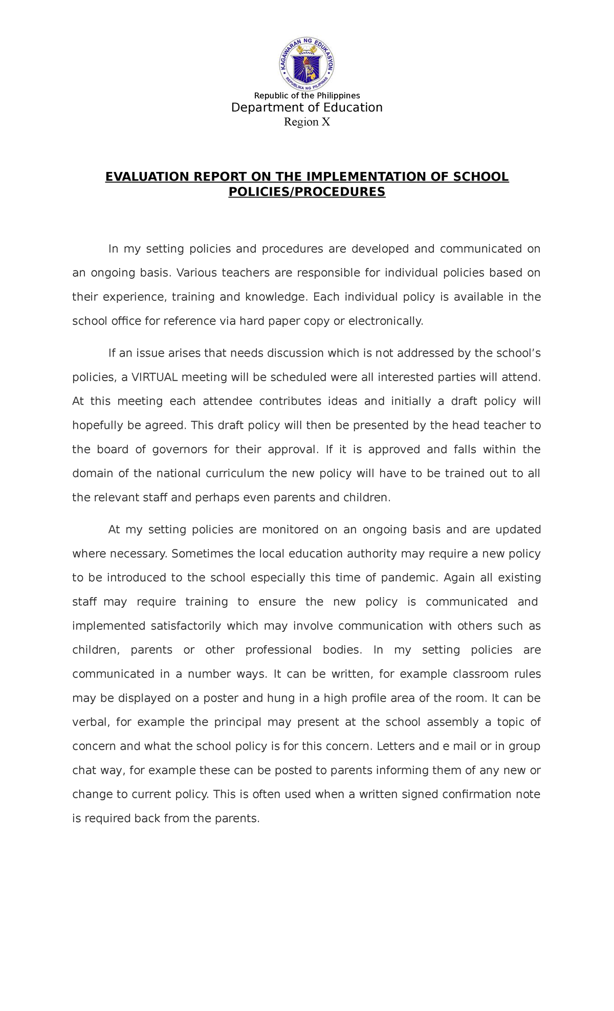 Evaluation Report ON THE Implementation OF School Policiesprocedures ...