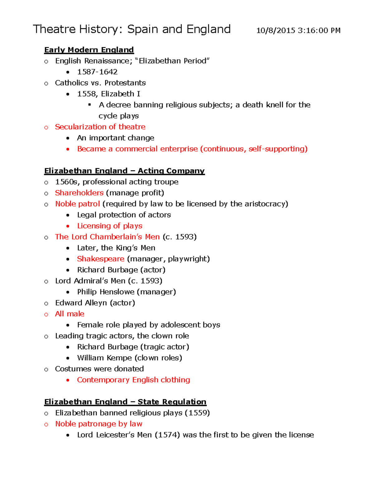 Lecture Notes, Lecture Theatre History - Theatre History: Spain and ...
