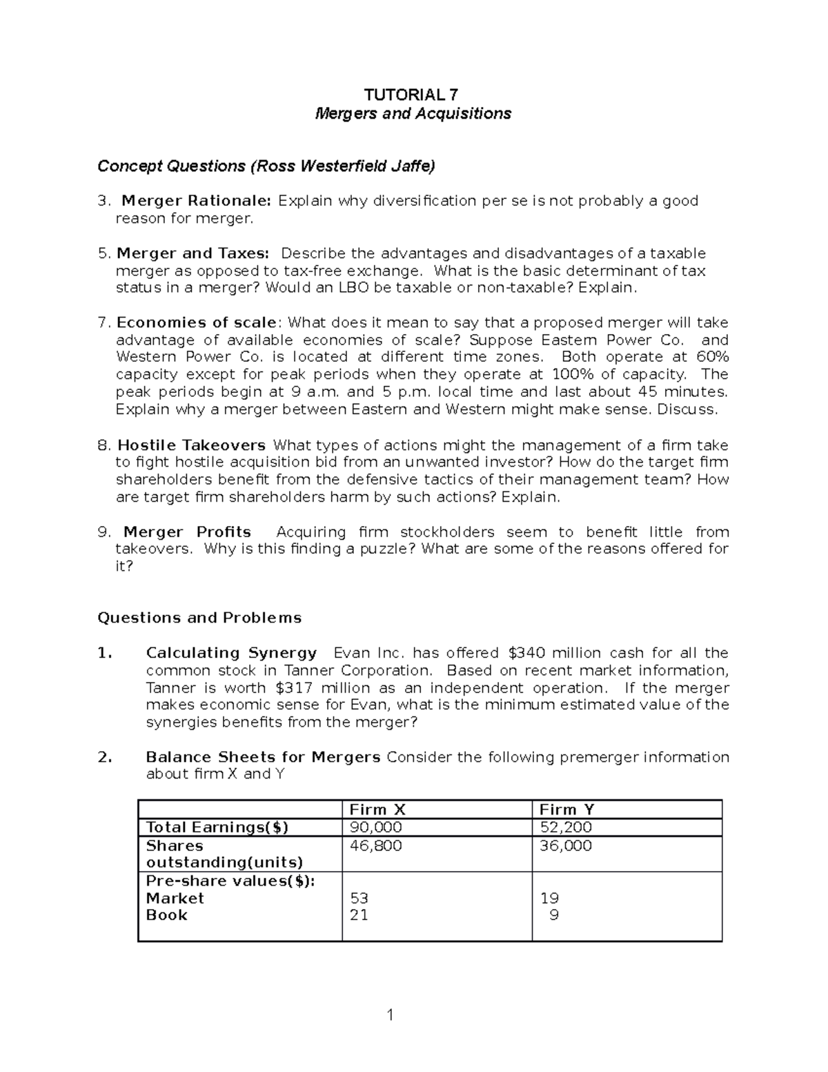 Tutorial Topic 7 ACF - Questions - TUTORIAL 7 Mergers and Acquisitions ...
