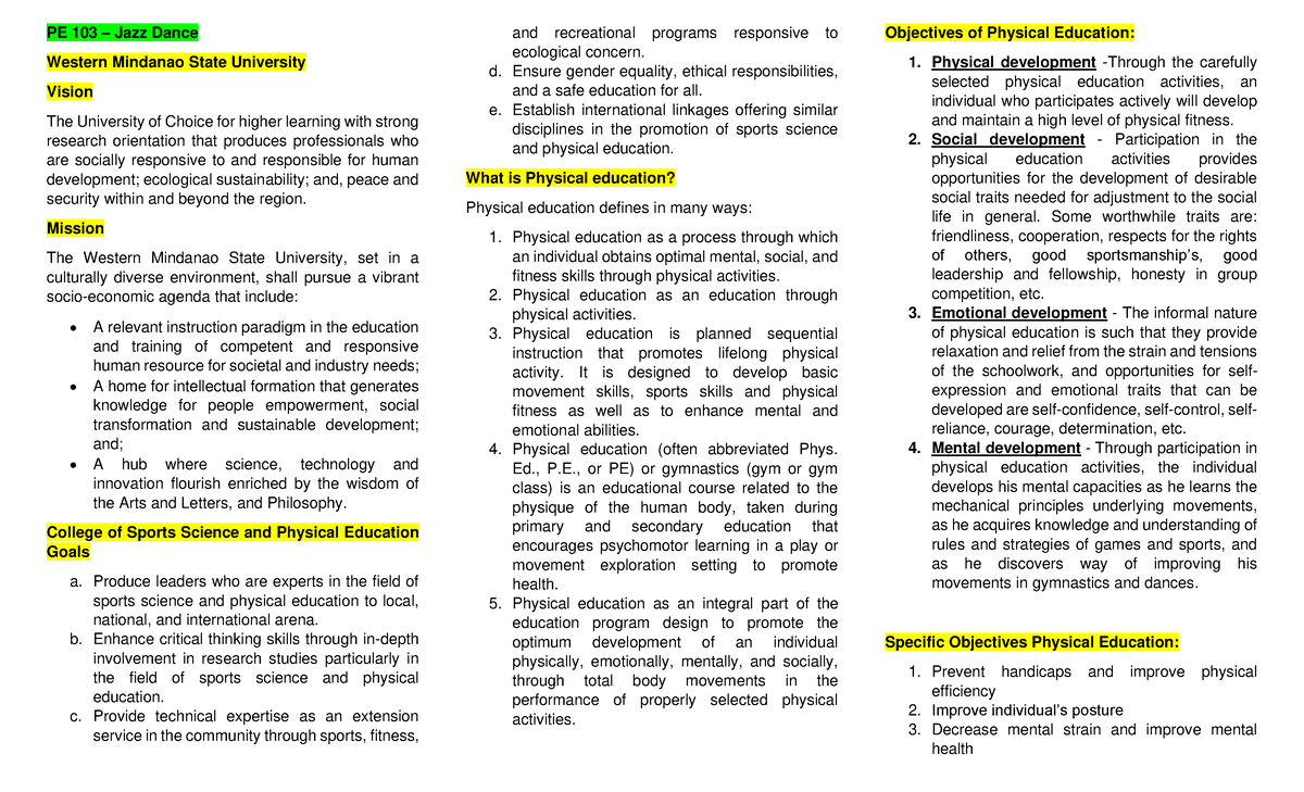 PE103 JAZZ Dance Handout - PE 103 – Jazz Dance Western Mindanao State University Vision The ...