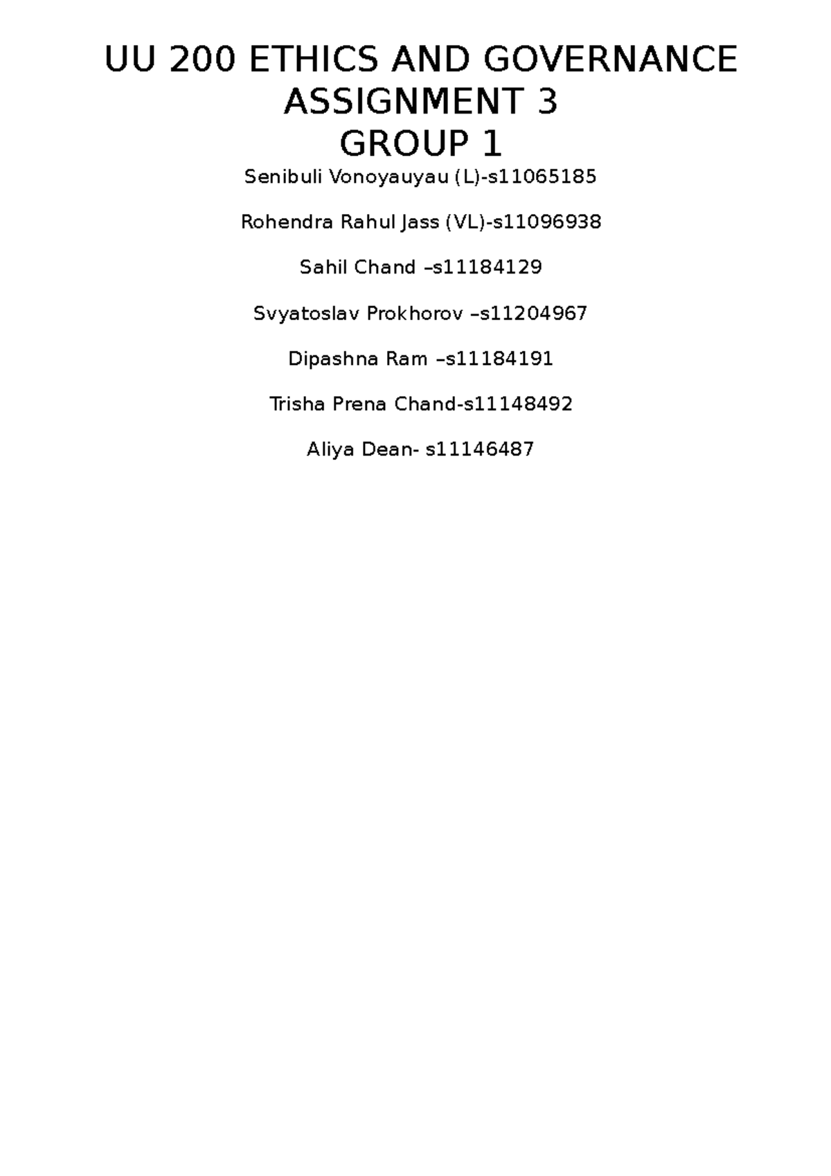 UU200 Assigment 3 Group 1 - UU 200 ETHICS AND GOVERNANCE - ASSIGNMENT ...