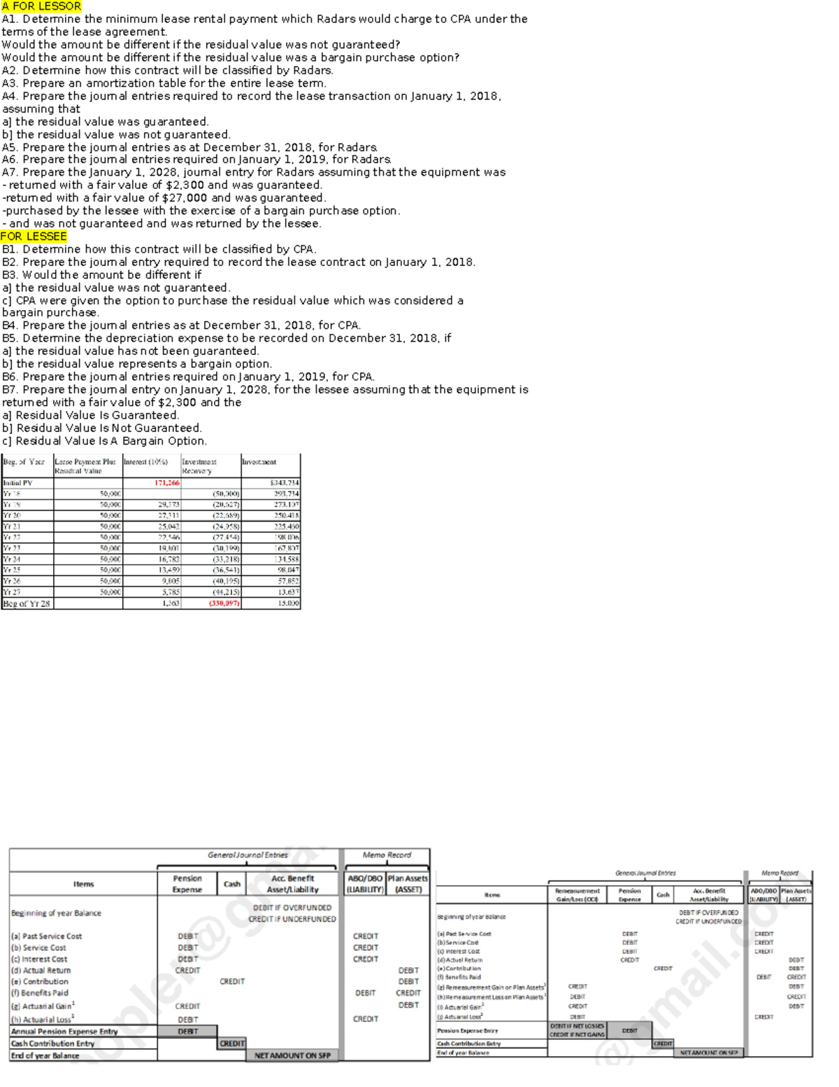 Cheat sheet for final - A FOR LESSOR A1. Determine the minimum lease ...