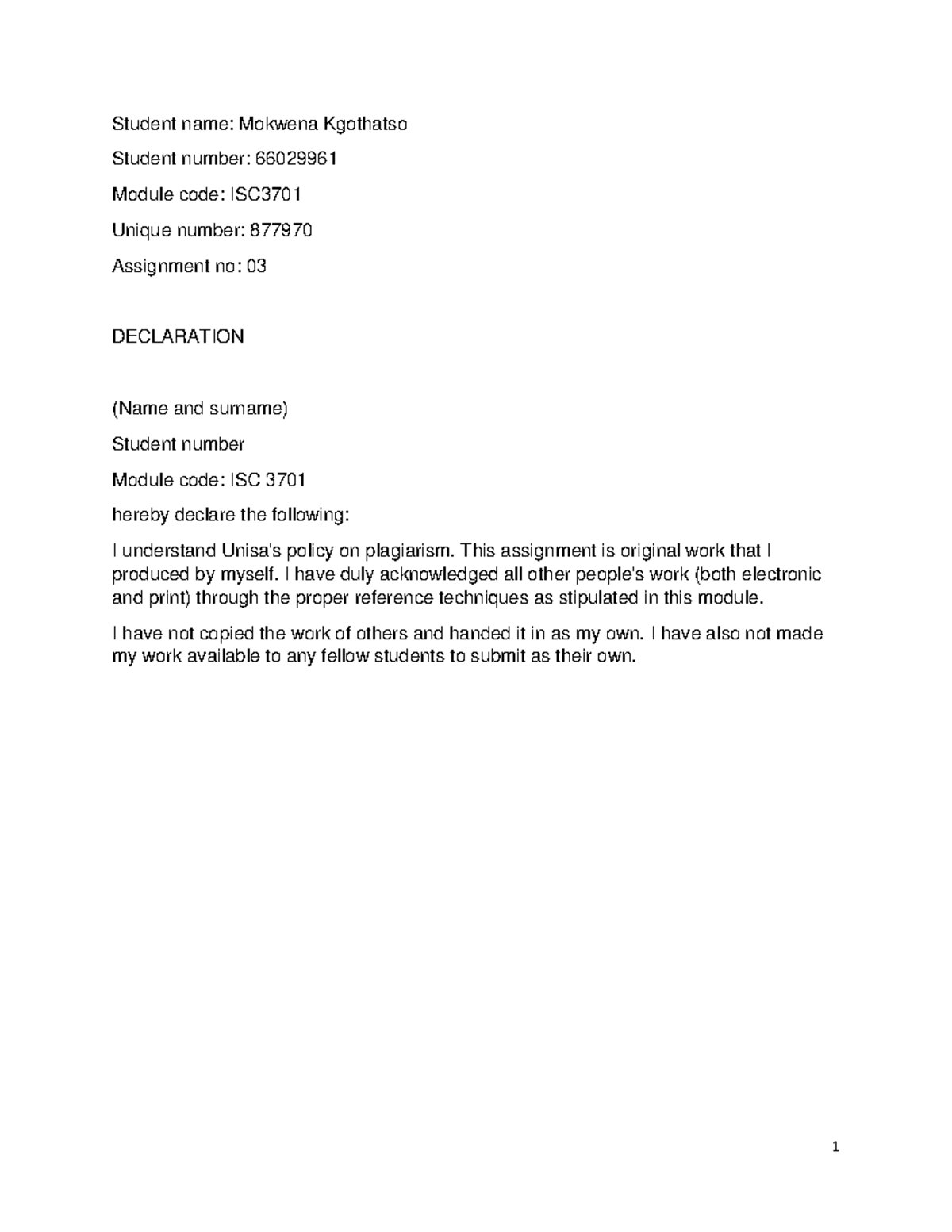 66029961 ISC3701 03 MARK096100 - Student name: Mokwena Kgothatso ...