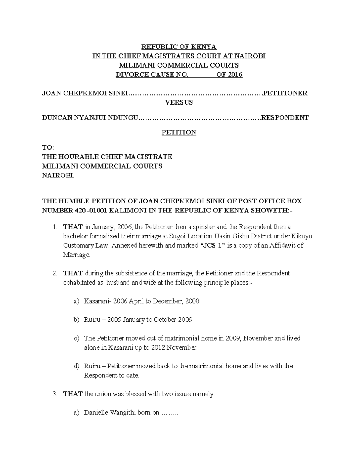 Divorce Petition JOAN Chepkemoi - REPUBLIC OF KENYA IN THE CHIEF ...