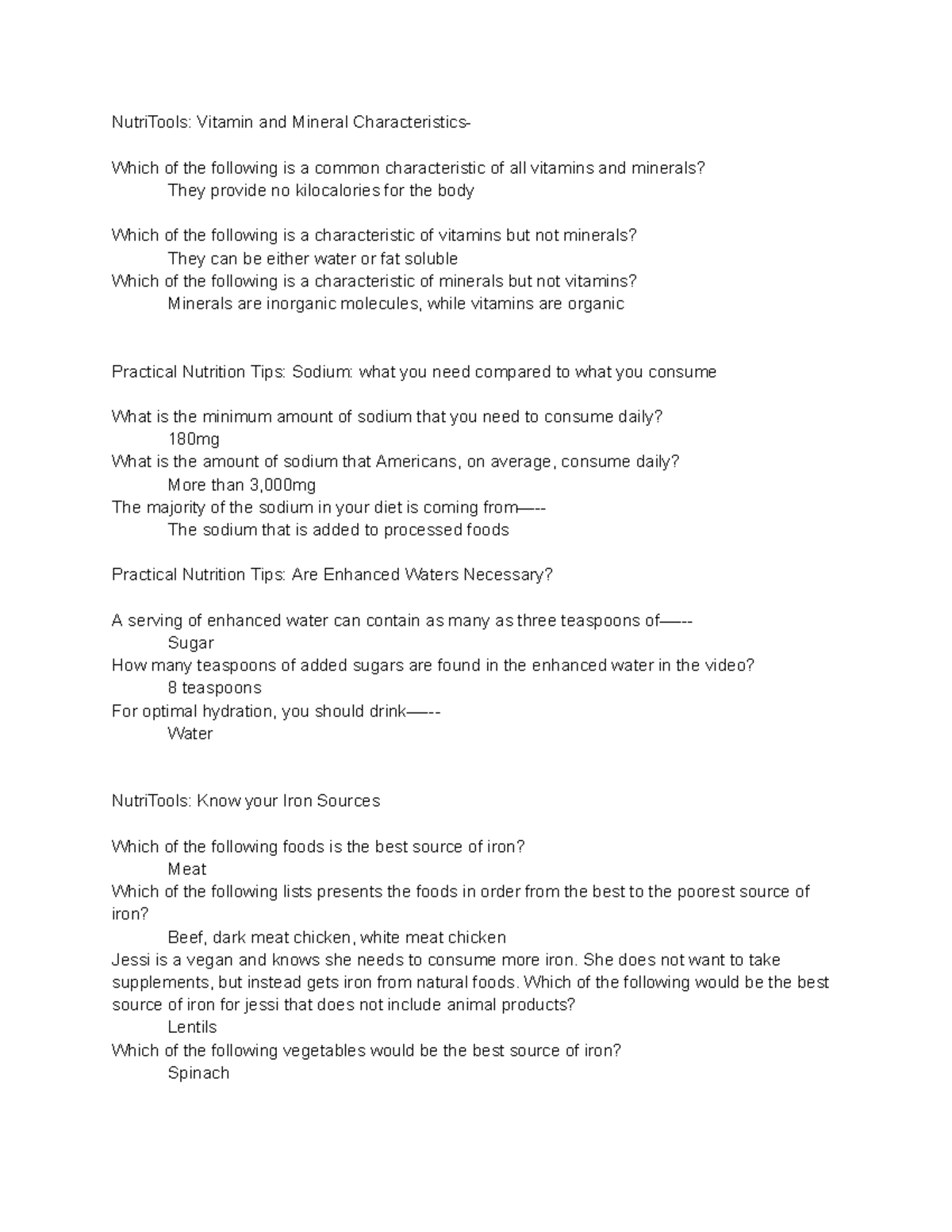 Nutrition Homework Minerals and Water - NutriTools: Vitamin and Mineral ...