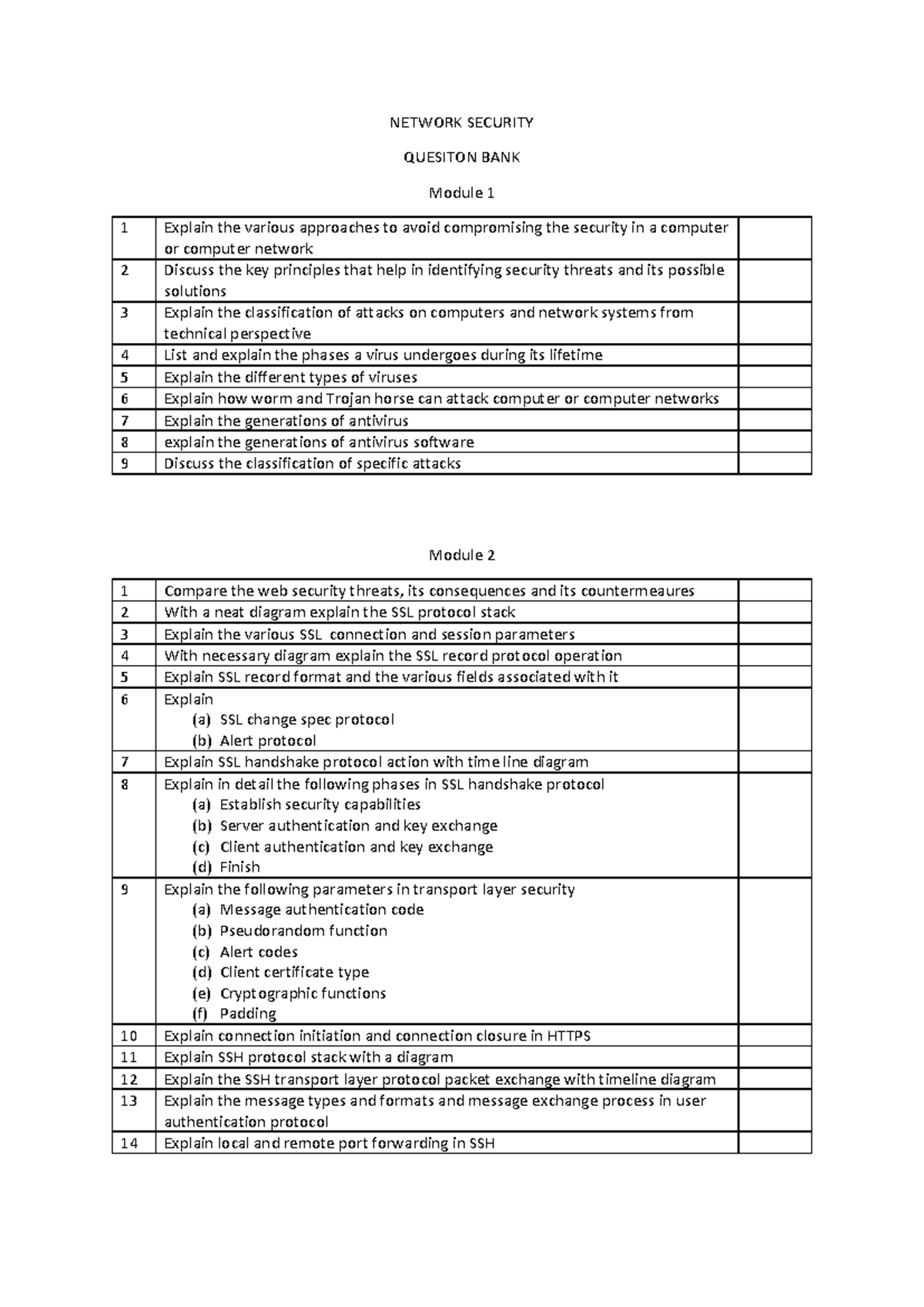 Module 1 and module 2 question bank - NETWORK SECURITY QUESITON BANK ...