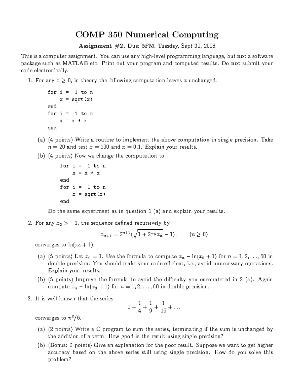 Numerical Computing Assignments Cswk2 Comp 350 Numerical Computing Assignment 2 5pm