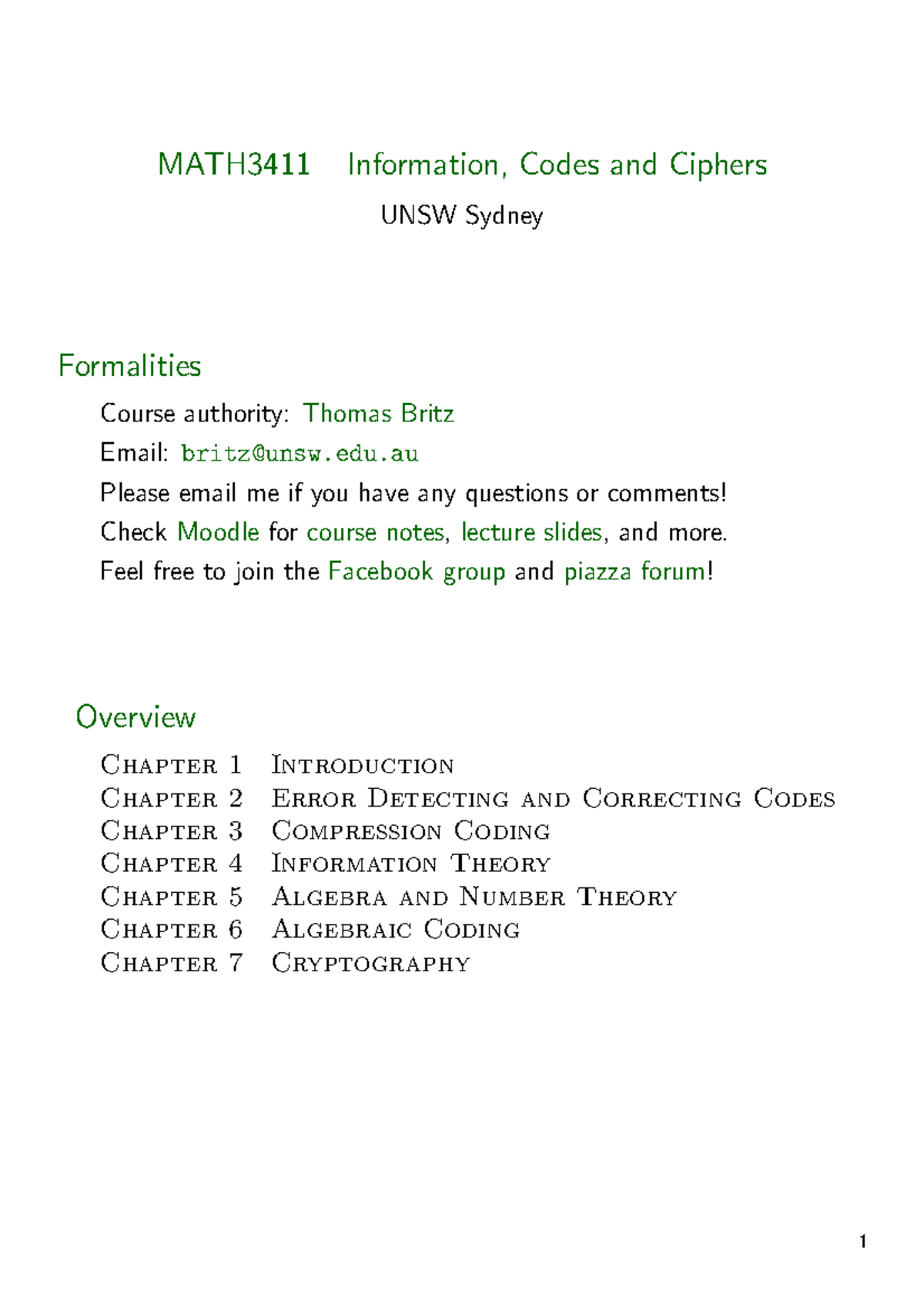 Chapter 1 - Lectures 1-2 - MATH3411 Information, Codes and Ciphers UNSW Sydney Formalities ...