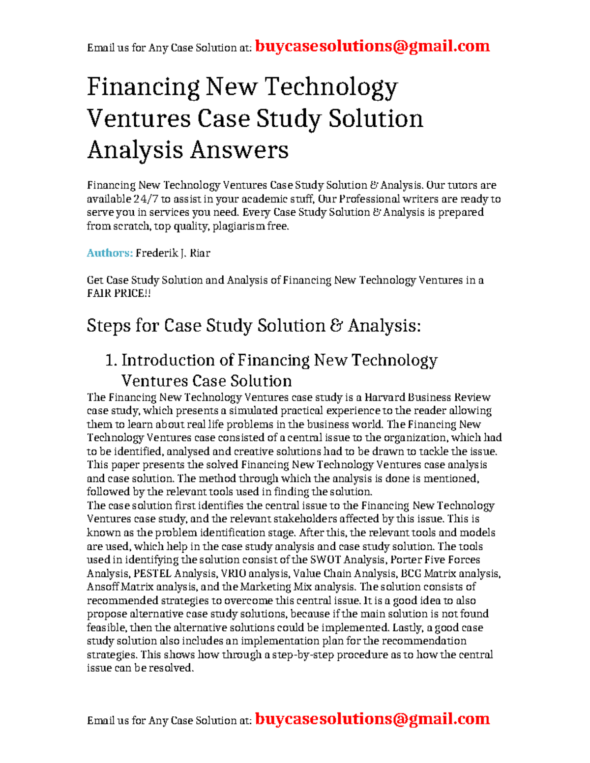 Case Solution Financing New Technology Ventures - Financing New ...