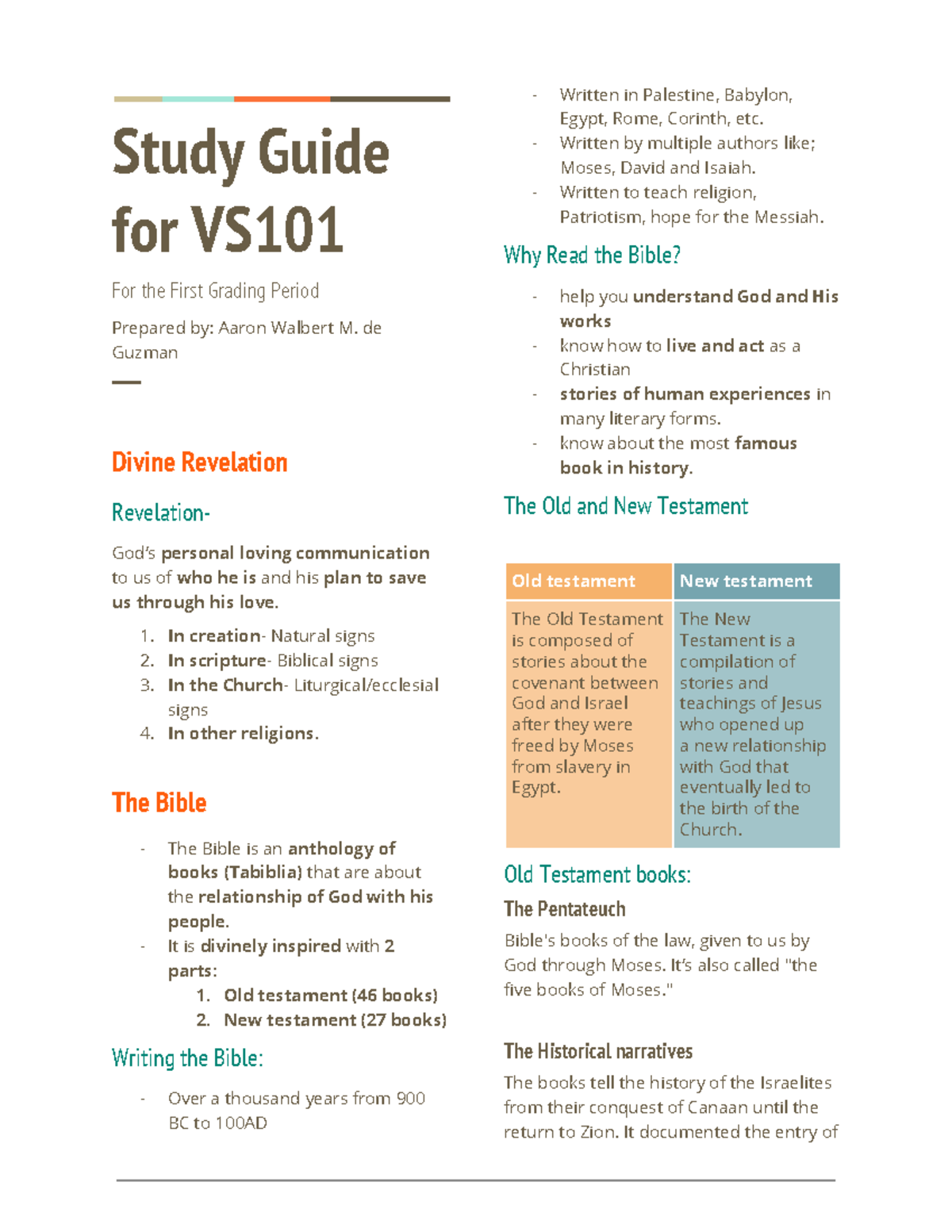 Study Guide - VS101 - Study Guide for VS For the First Grading Period ...